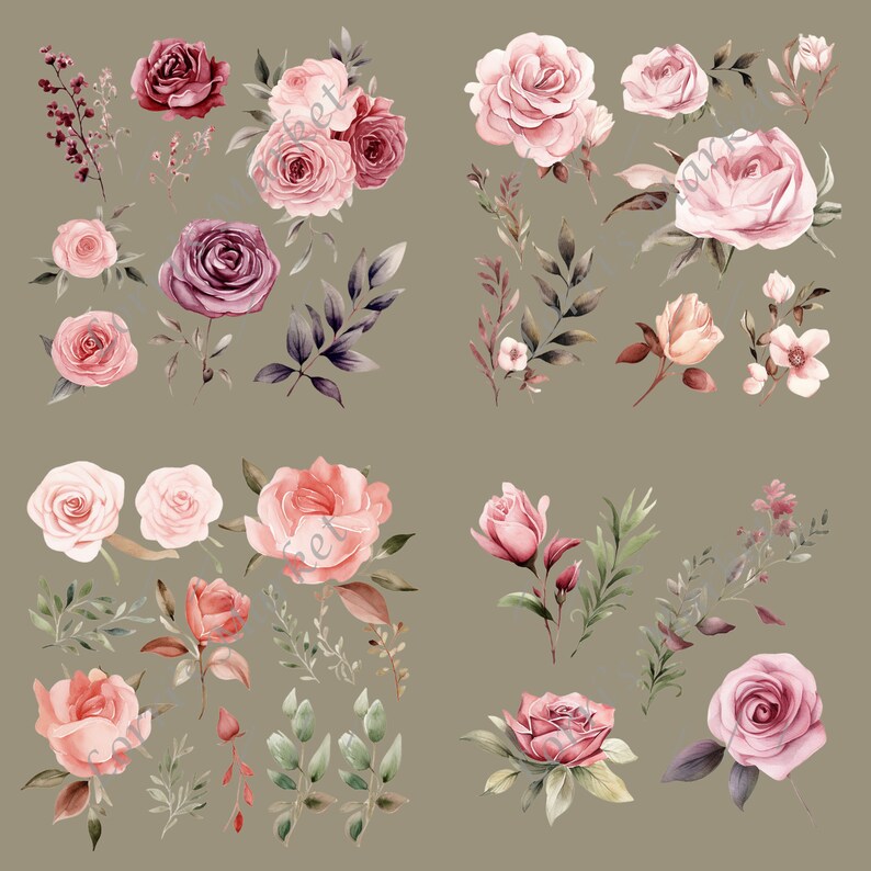 Dusty Rose Flower Clip Art Collection Digital Download: 20 High-res ...