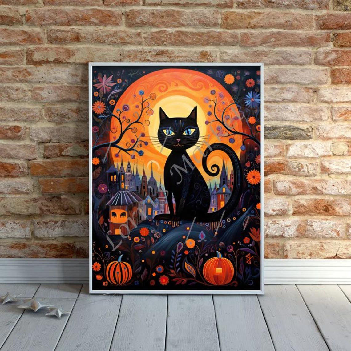 Halloween Black Cat Art Digital Download: Enchanted Town and Pumpkins ...