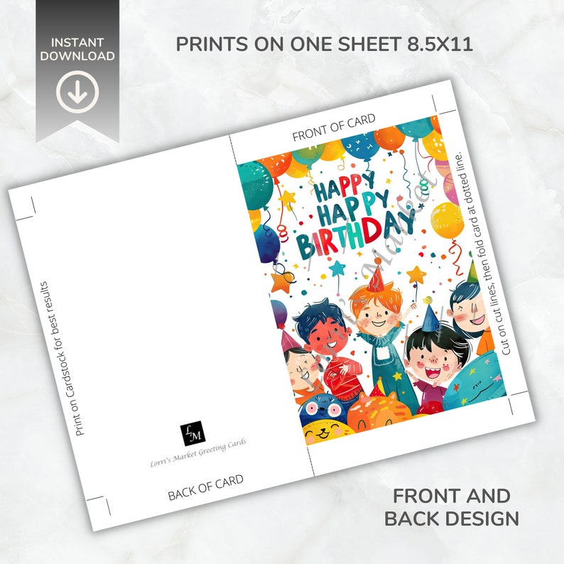 Printable Kids Birthday Card Digital Download: Festive Greeting Card ...