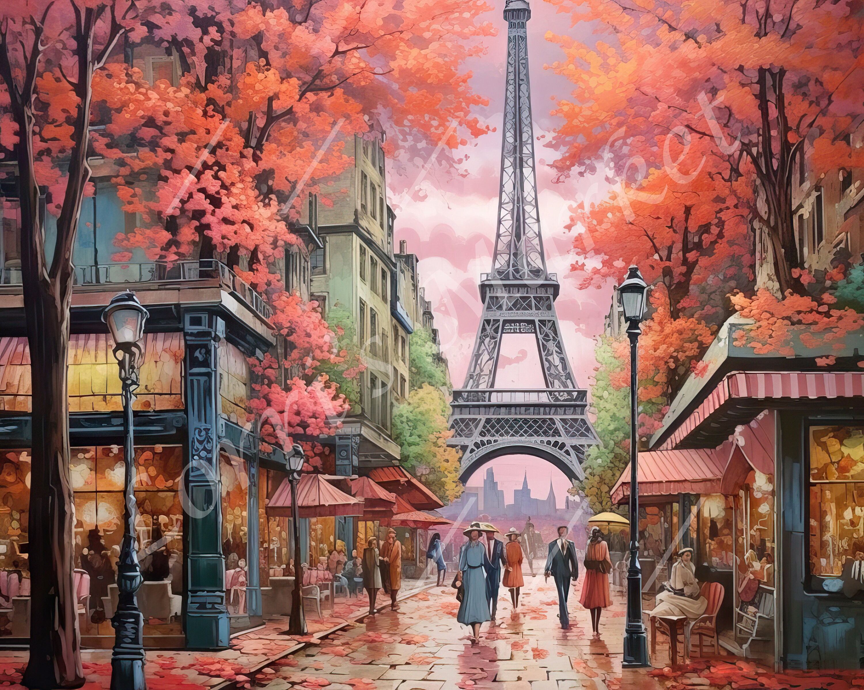 Spring Paris Street With Eiffel Tower Art Digital Download: Gouache ...