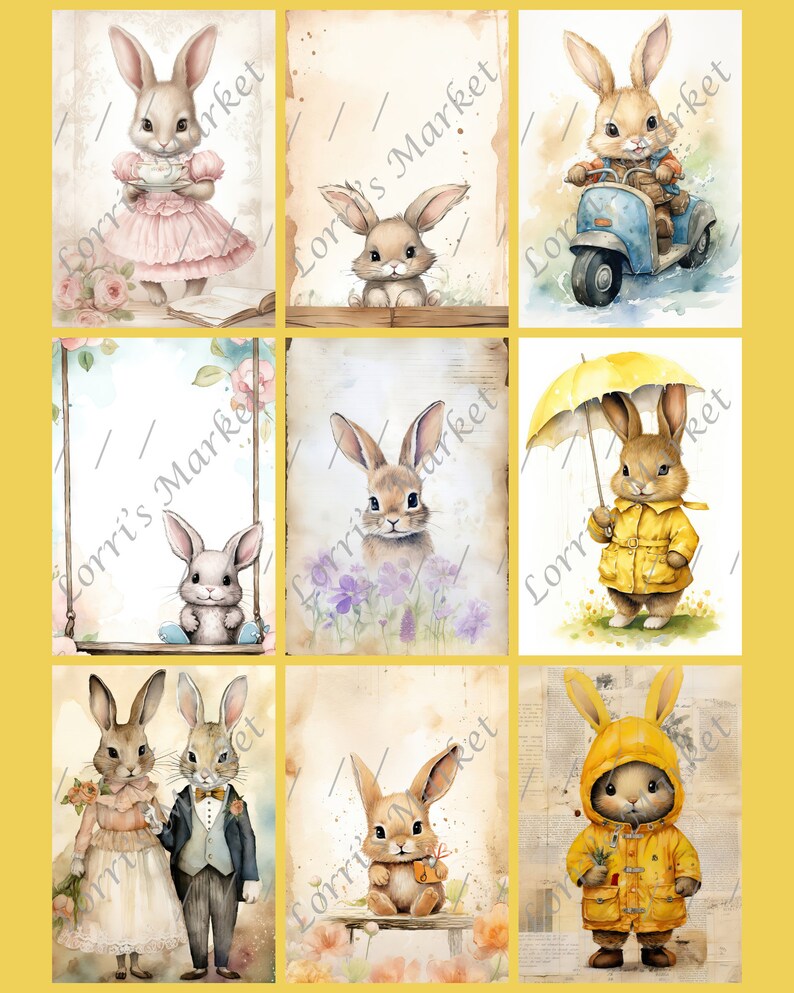 Vintage Bunny Craft Papers: 20 Watercolor Digital Prints for Springtime ...