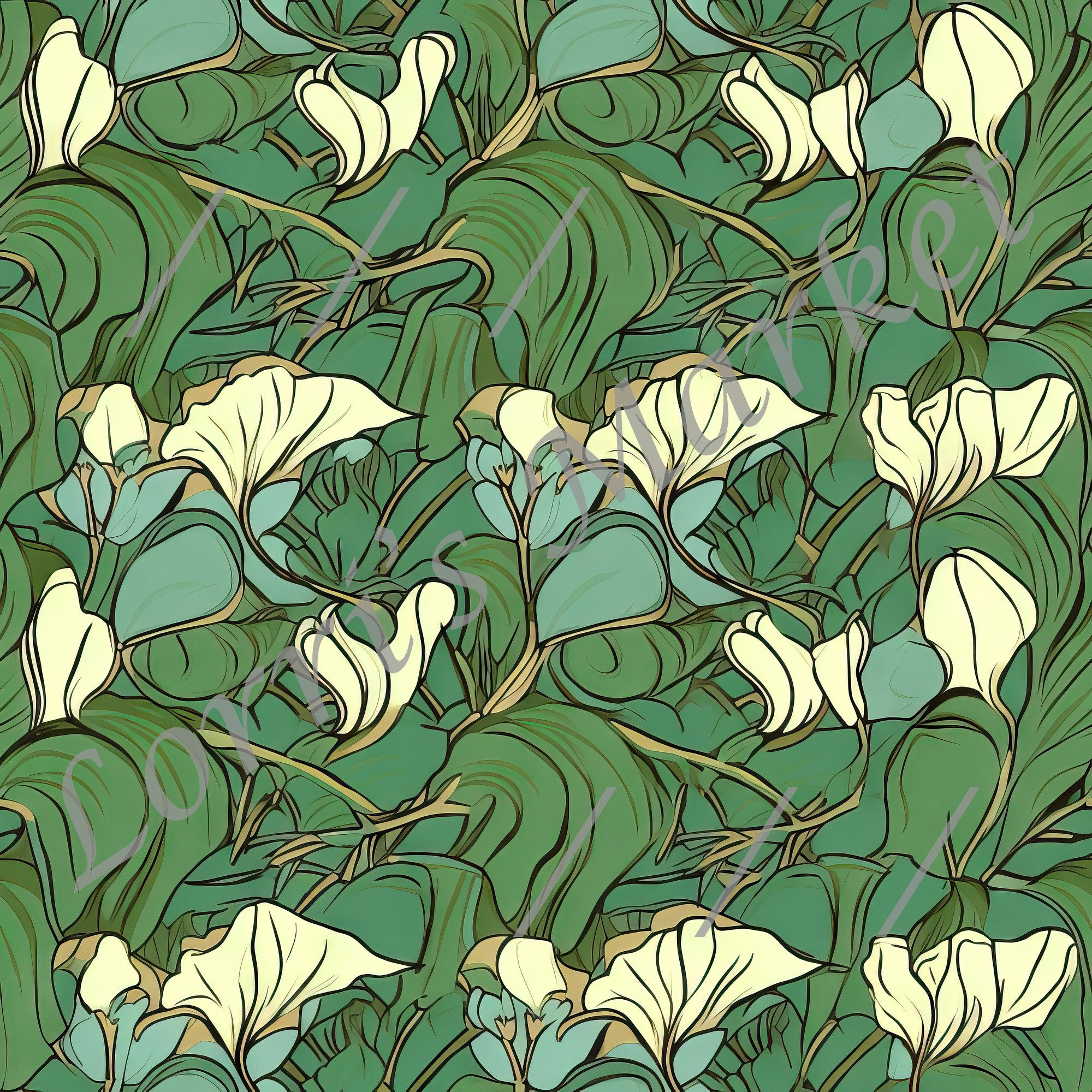Nouveau Lily Flower Seamless Patterns Digital Download: High Resolution ...