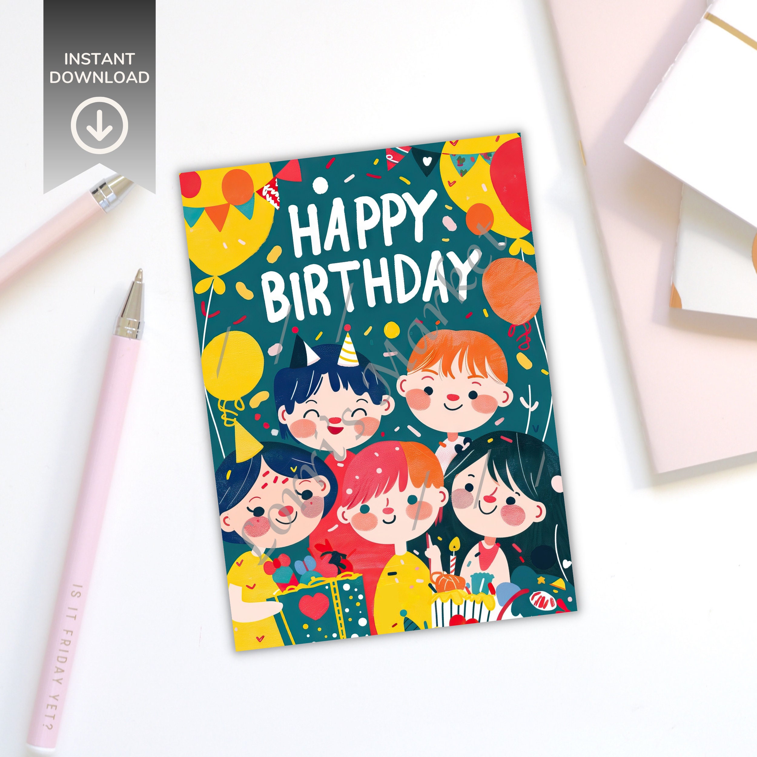 Printable Kids Birthday Card Digital Download: Festive Greeting Card ...