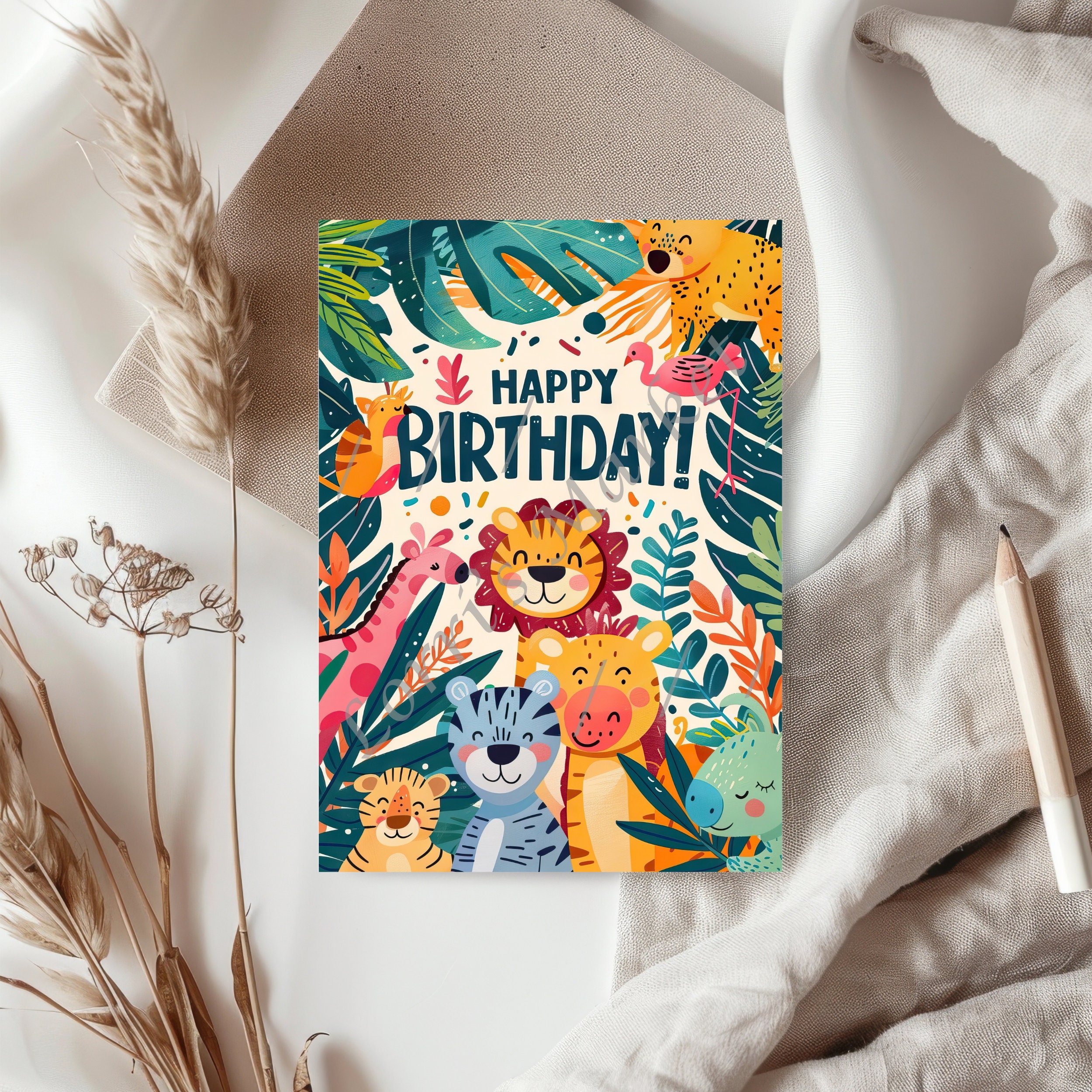 Printable Animals Birthday Card Digital Download: Festive Greeting Card ...