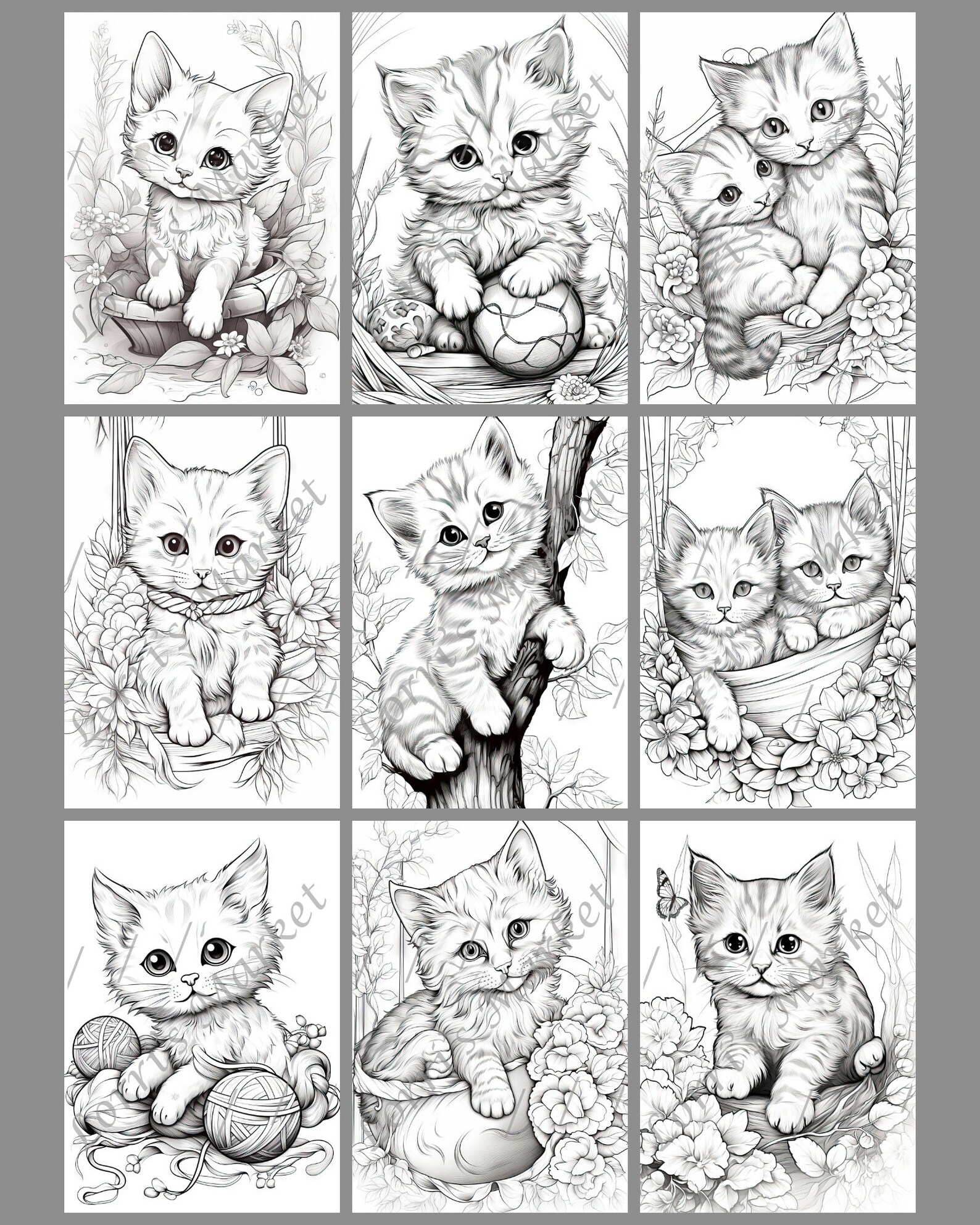 Printable Kitty Cat Coloring Pages Digital Download: Cute Cat ...