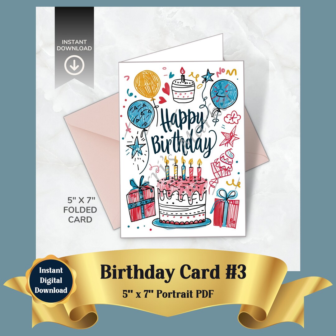 Printable Birthday Card Digital Download: Festive Greeting Card for All ...