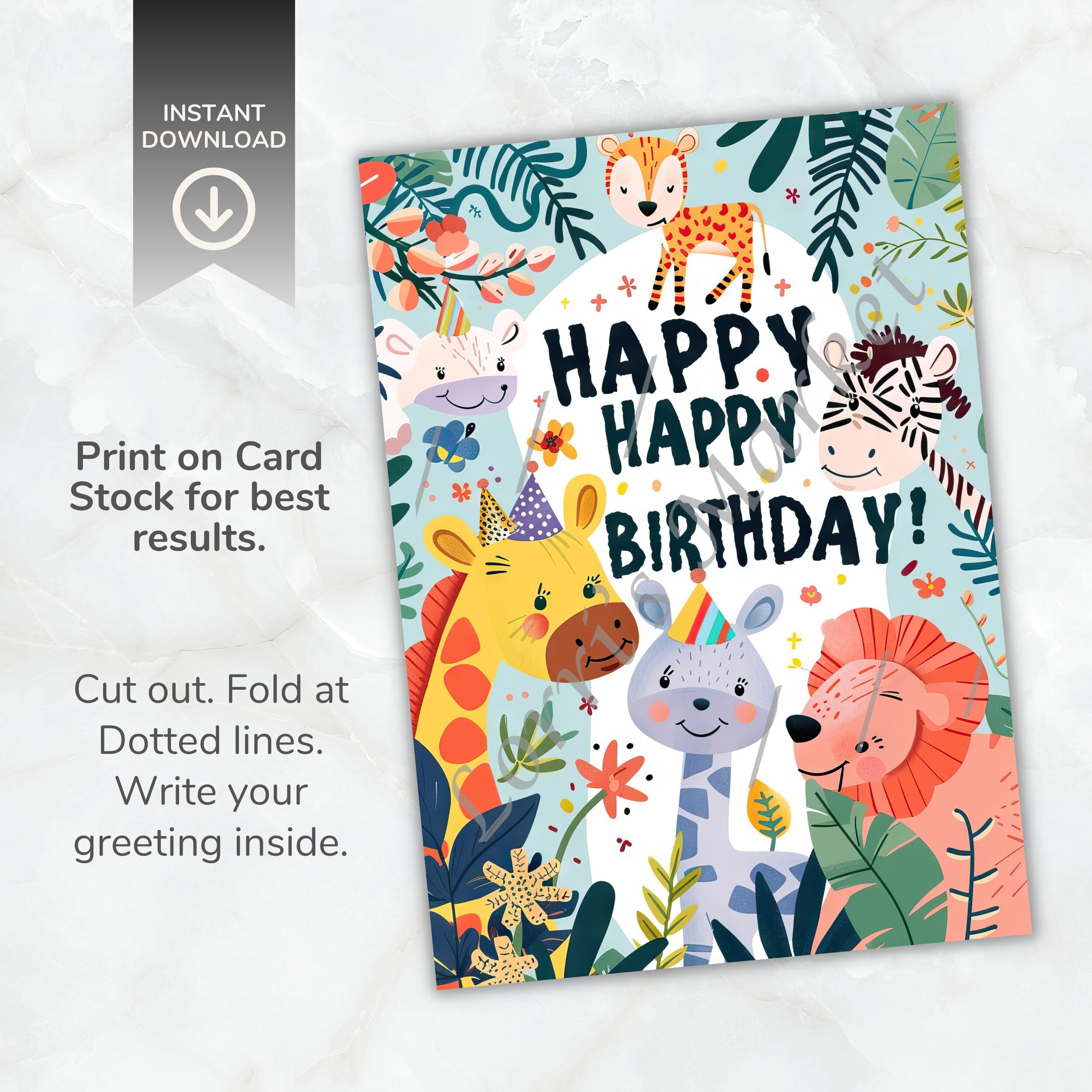Printable Animals Birthday Card Digital Download: Festive Greeting Card ...