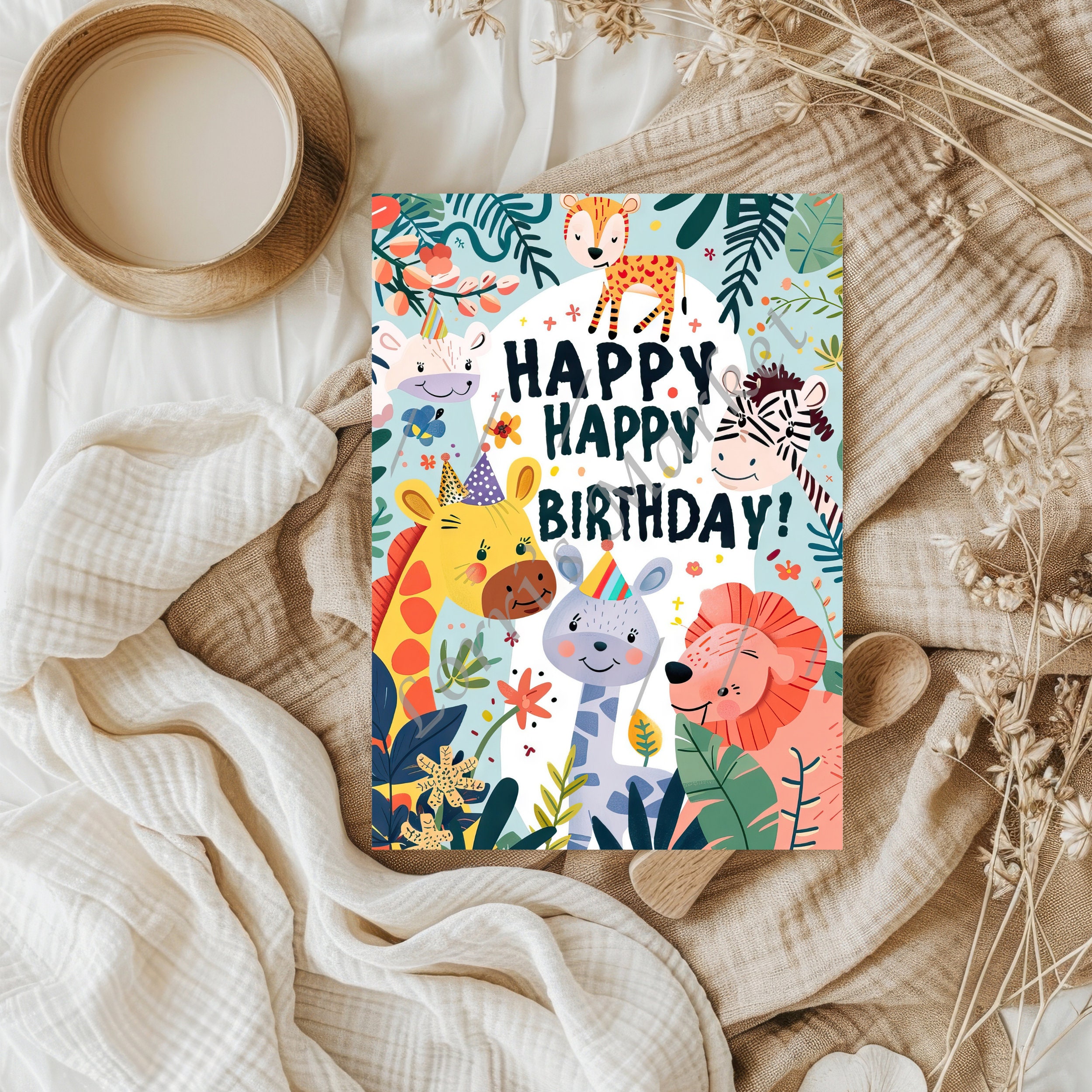 Printable Animals Birthday Card Digital Download: Festive Greeting Card ...