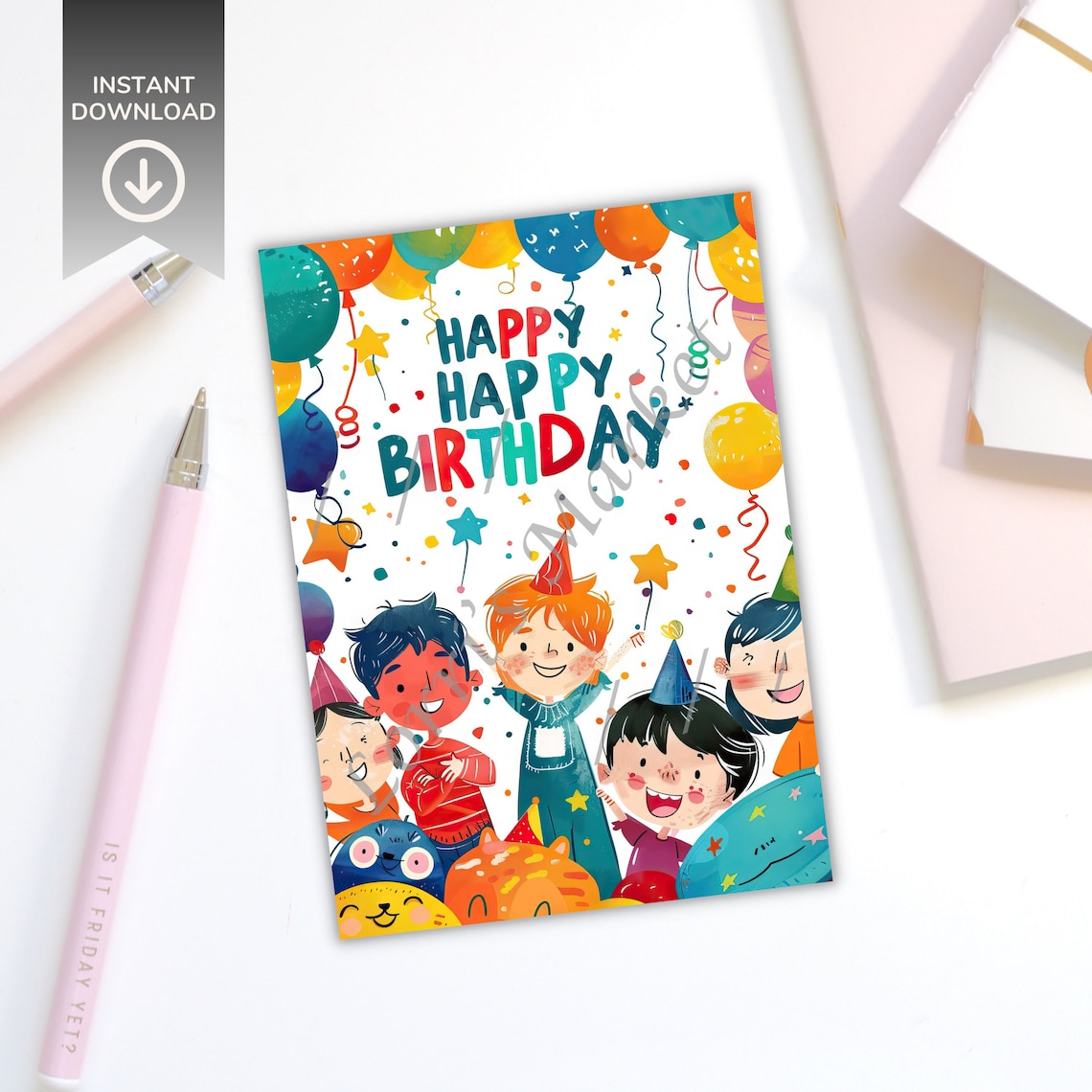 Printable Kids Birthday Card Digital Download: Festive Greeting Card ...