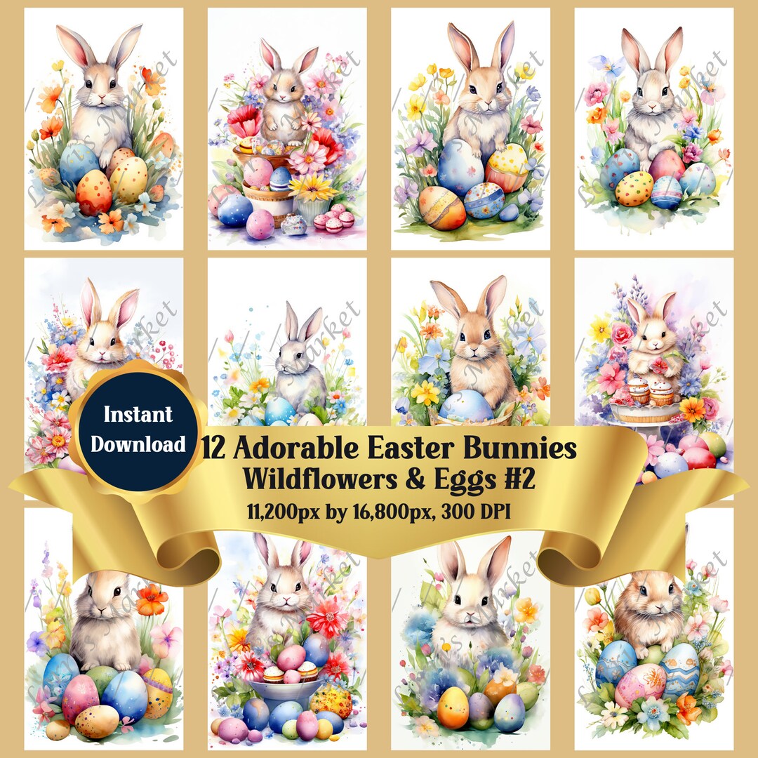 Easter Bunny Wildflower Printable Art Collection Digital Download: 12 ...
