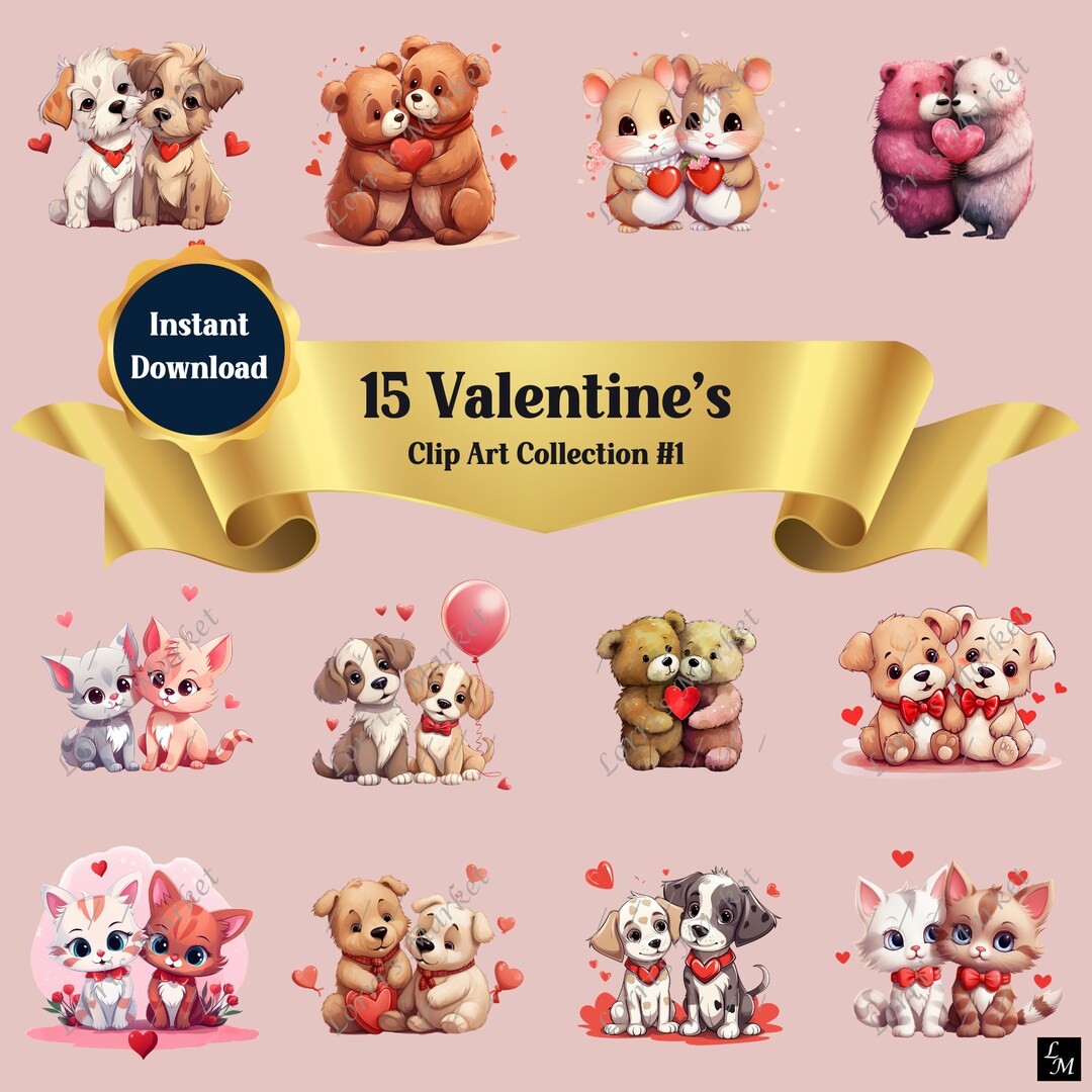 Valentine's Day Clip Art With Cute Animals Digital Download: Puppies ...