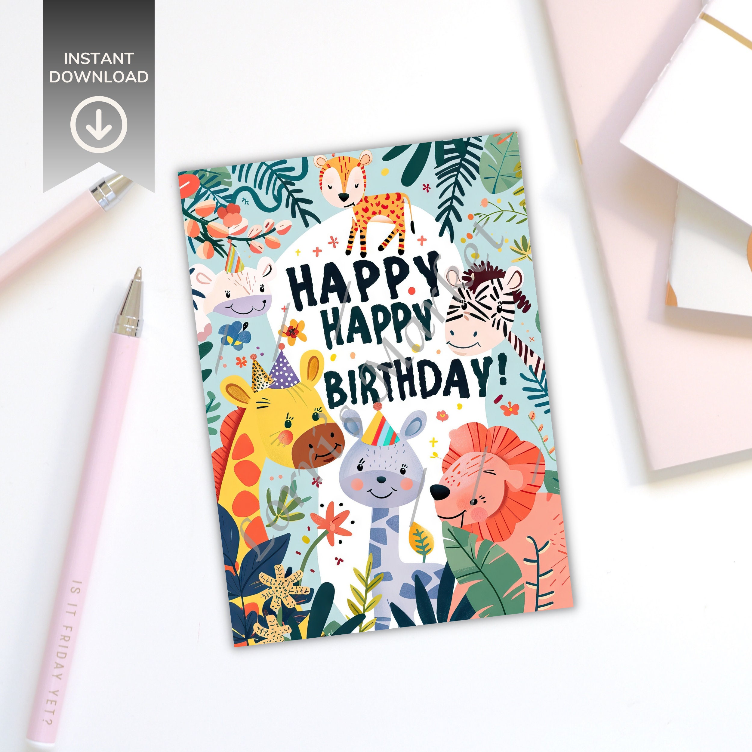 Printable Animals Birthday Card Digital Download: Festive Greeting Card ...