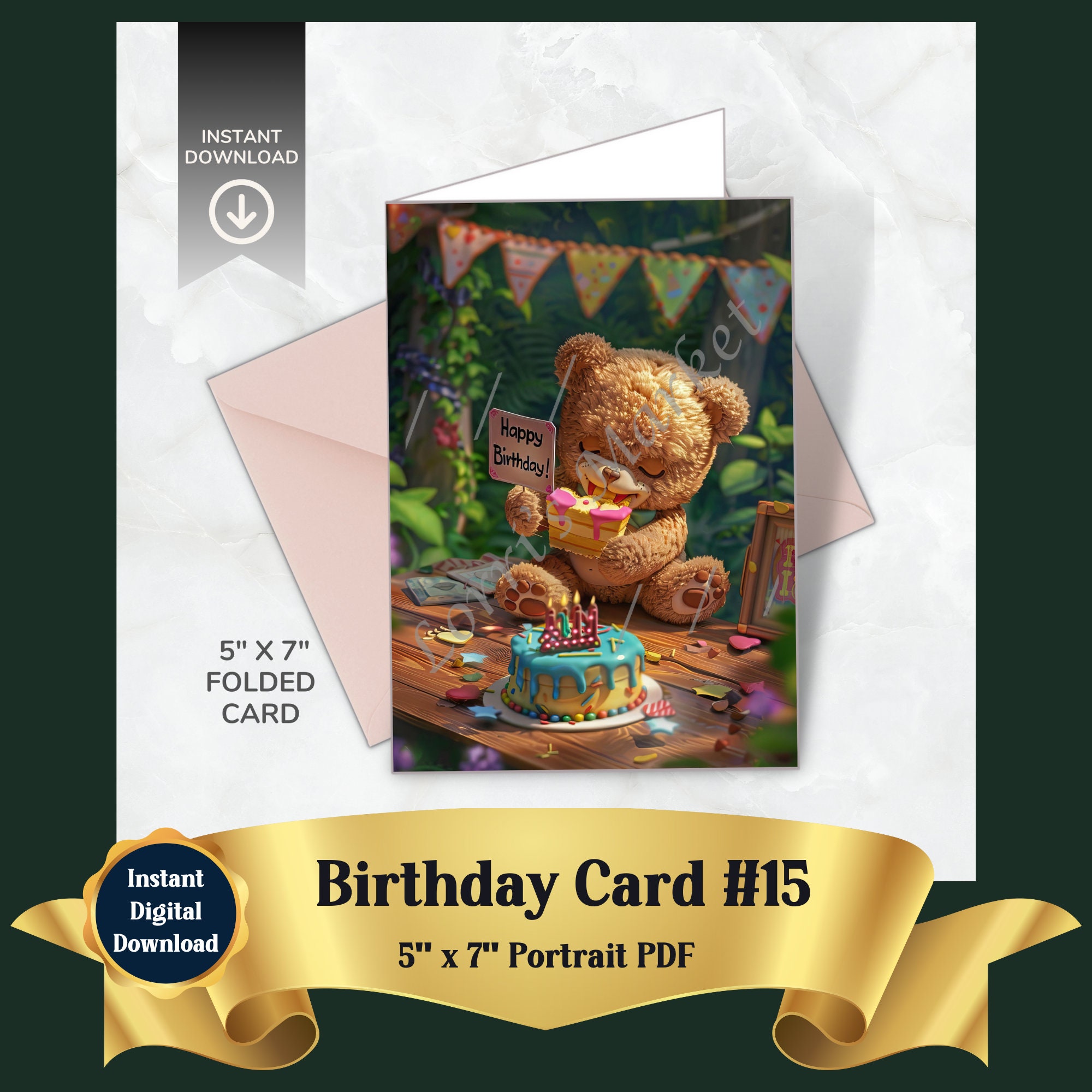 Printable Teddy Bear Birthday Card Digital Download: Festive Greeting ...