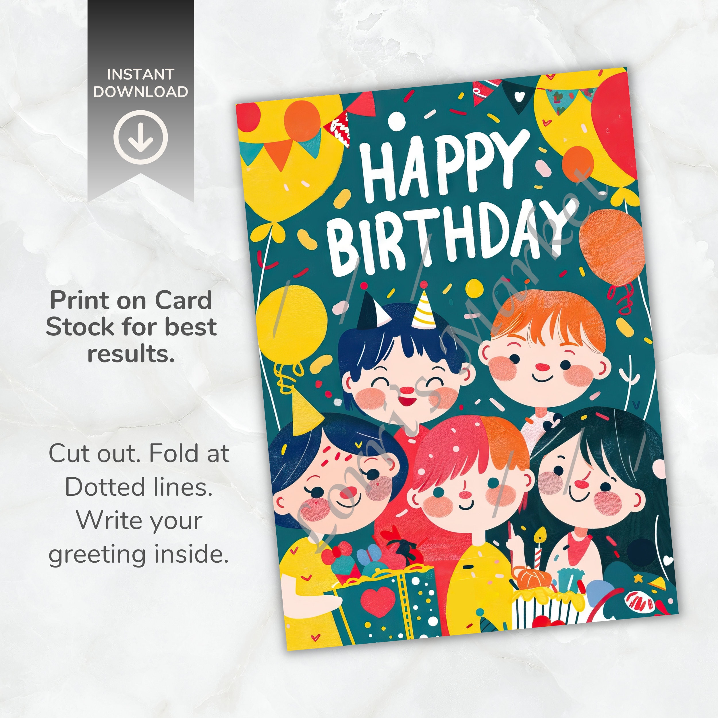 Printable Kids Birthday Card Digital Download: Festive Greeting Card ...