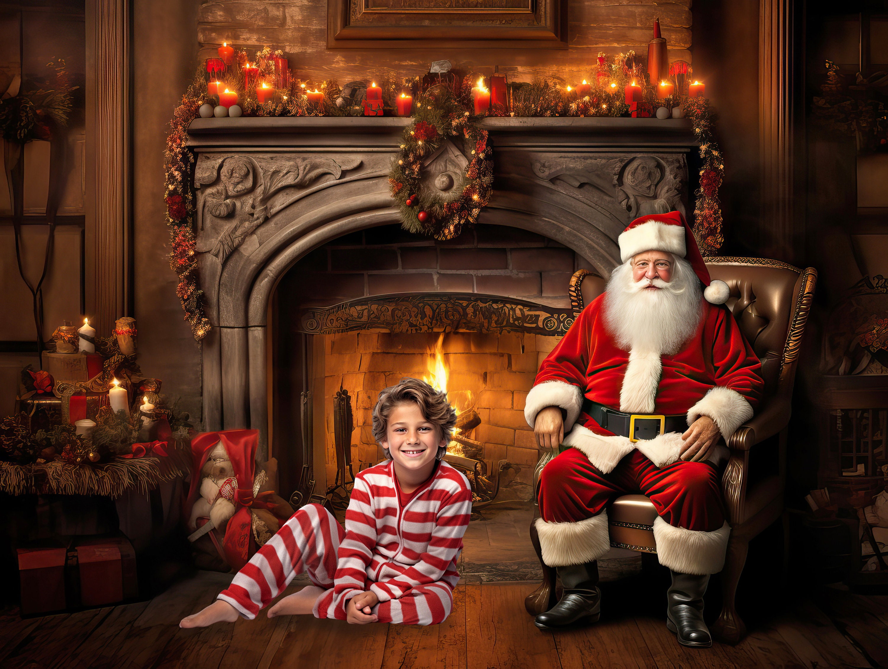 Santa Claus Fireplace Personalized Christmas Horizontal Backdrop ...