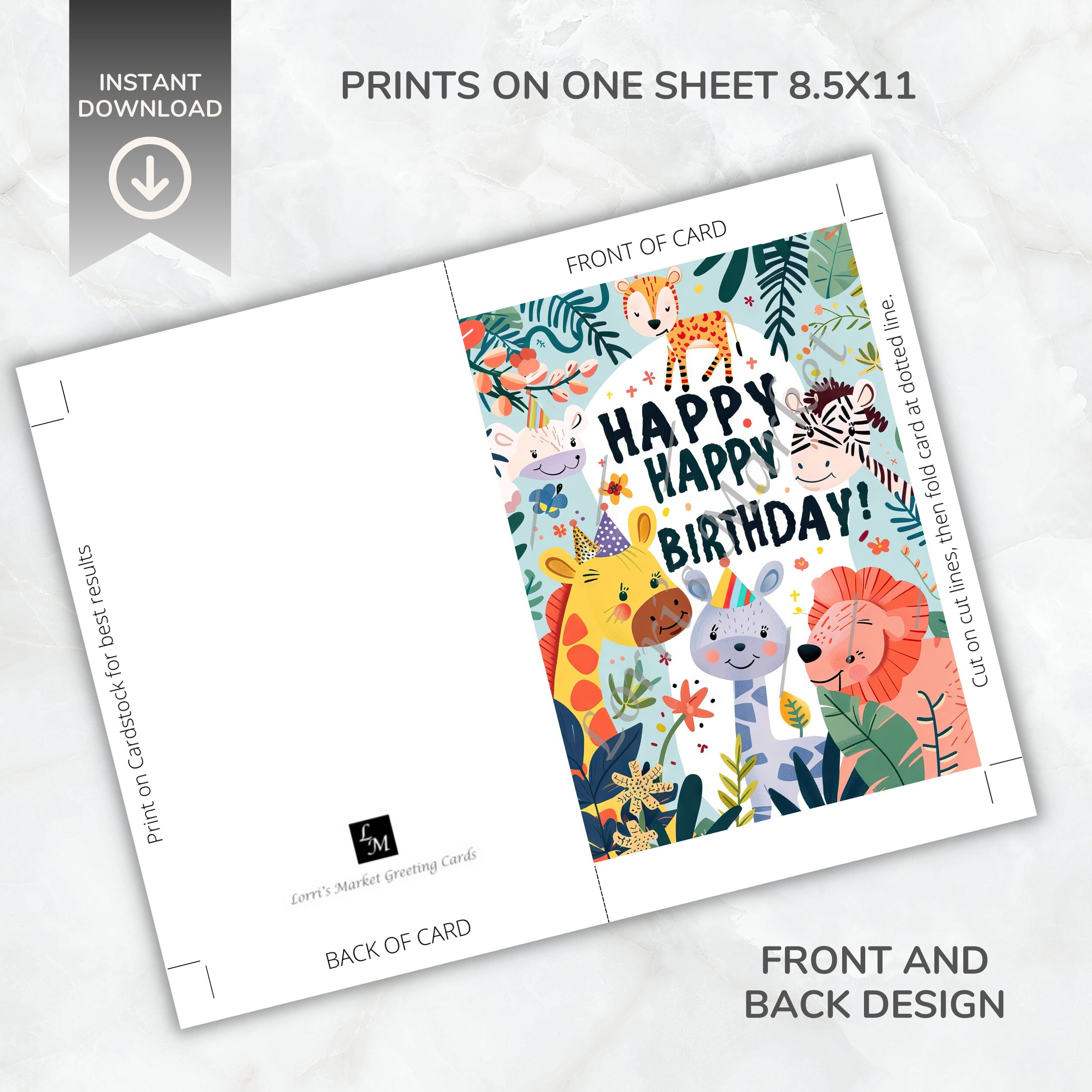 Printable Animals Birthday Card Digital Download: Festive Greeting Card ...