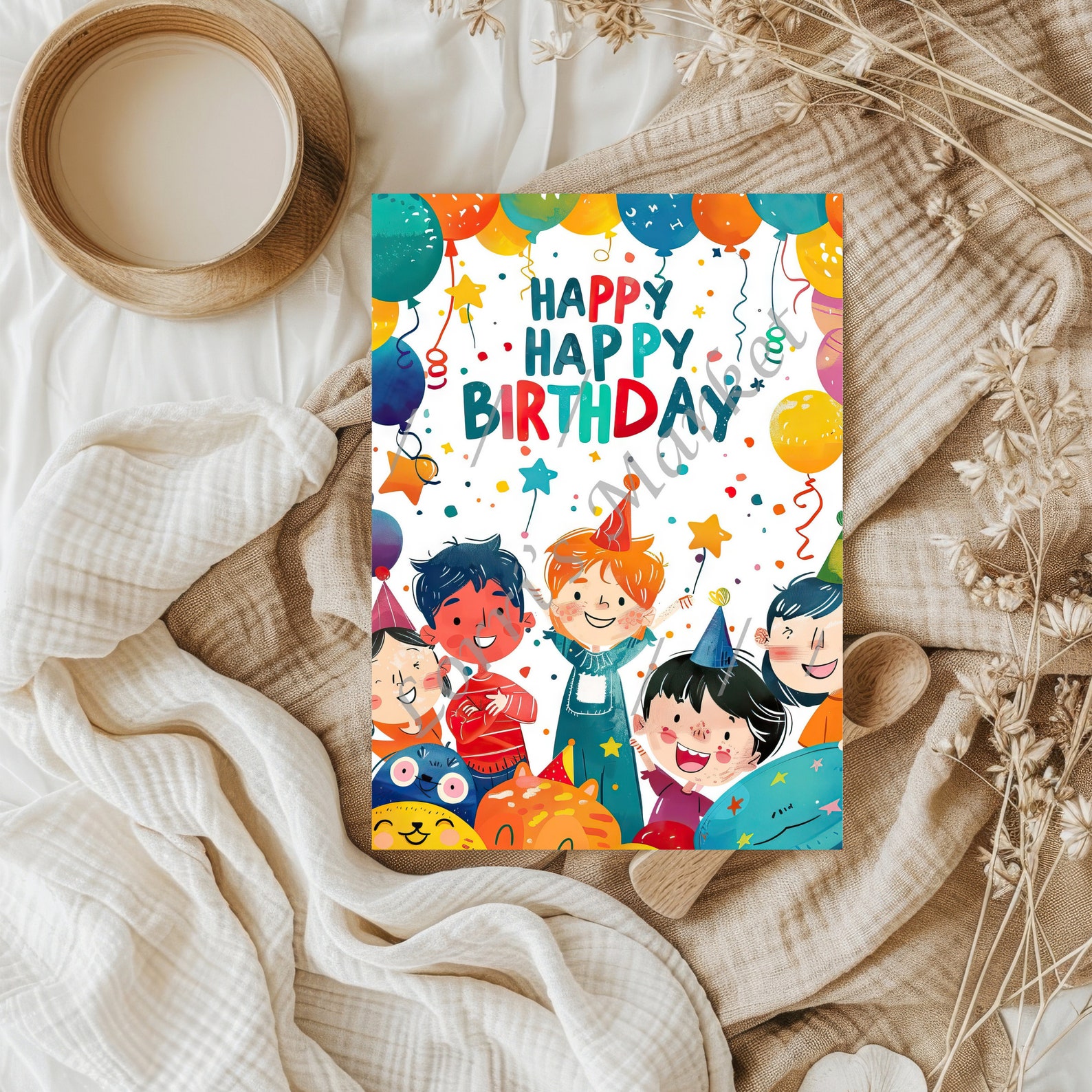 Printable Kids Birthday Card Digital Download: Festive Greeting Card ...