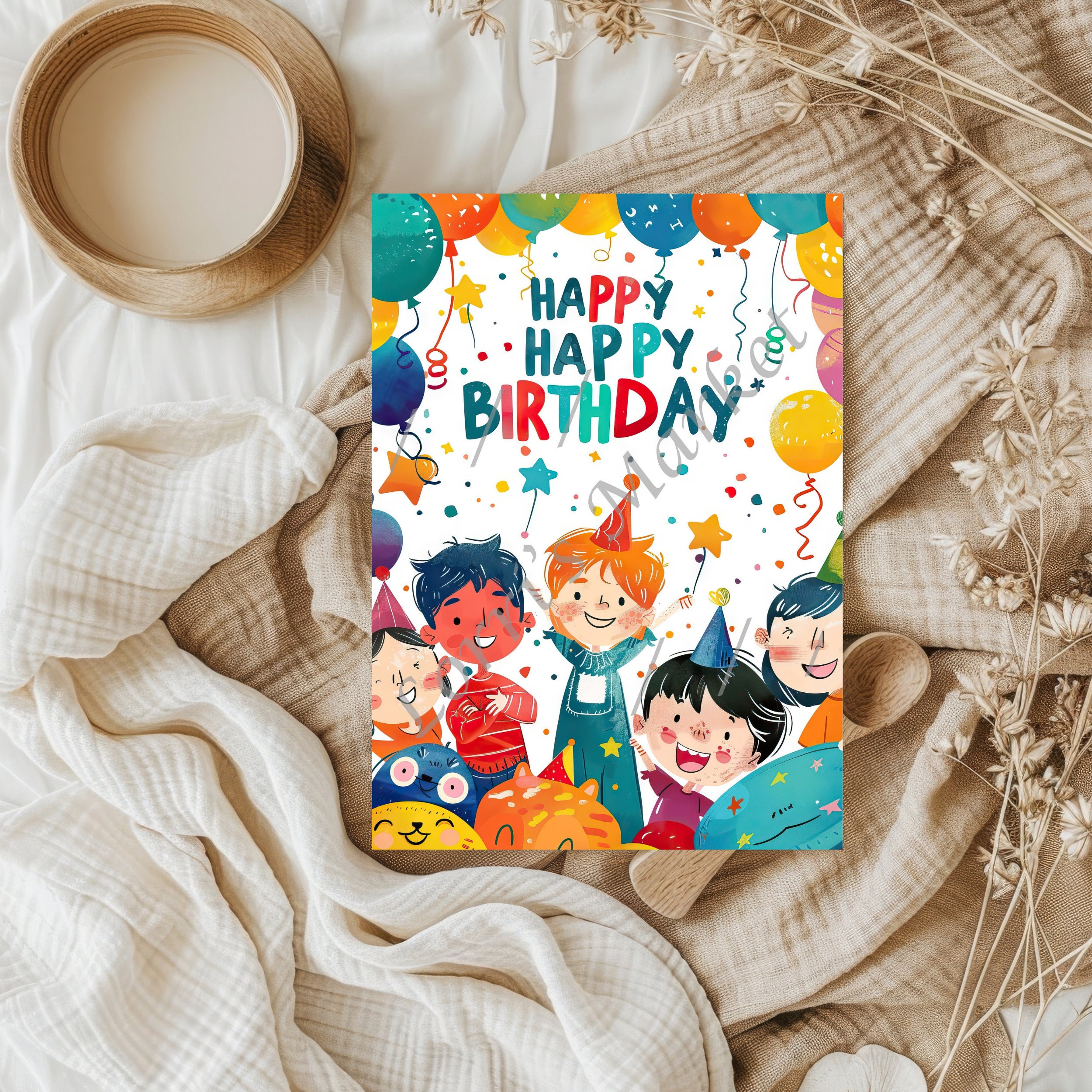 Printable Kids Birthday Card Digital Download: Festive Greeting Card ...