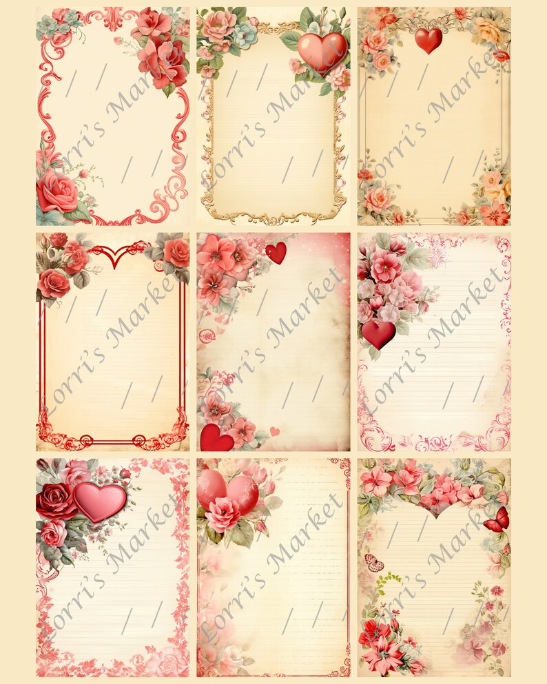 Romantic Vintage-style Valentine Writing Papers, 25 Digital 8x12 Sheets ...