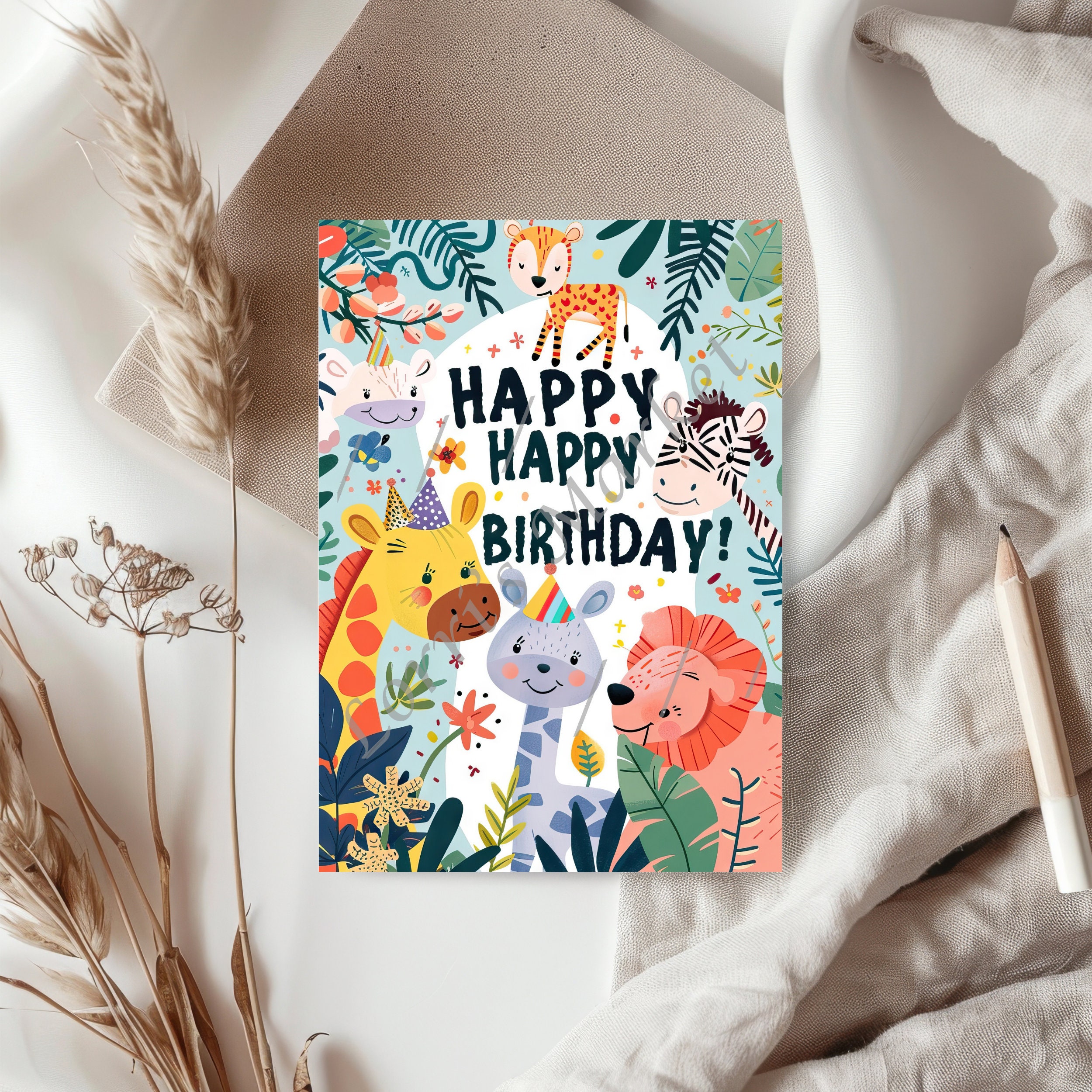 Printable Animals Birthday Card Digital Download: Festive Greeting Card ...