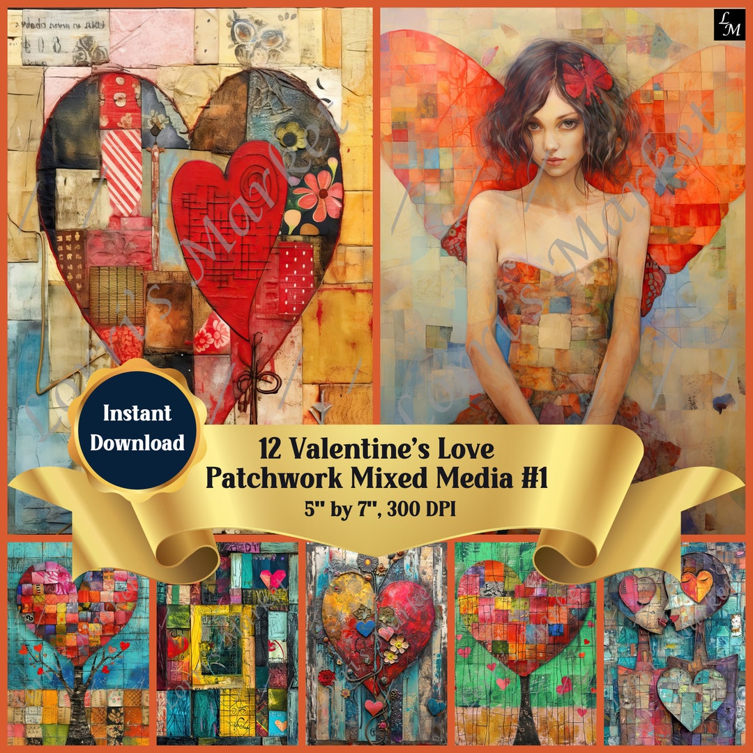 Valentine's Love Patchwork Art With 12 Digital Mixed Media Journal ...