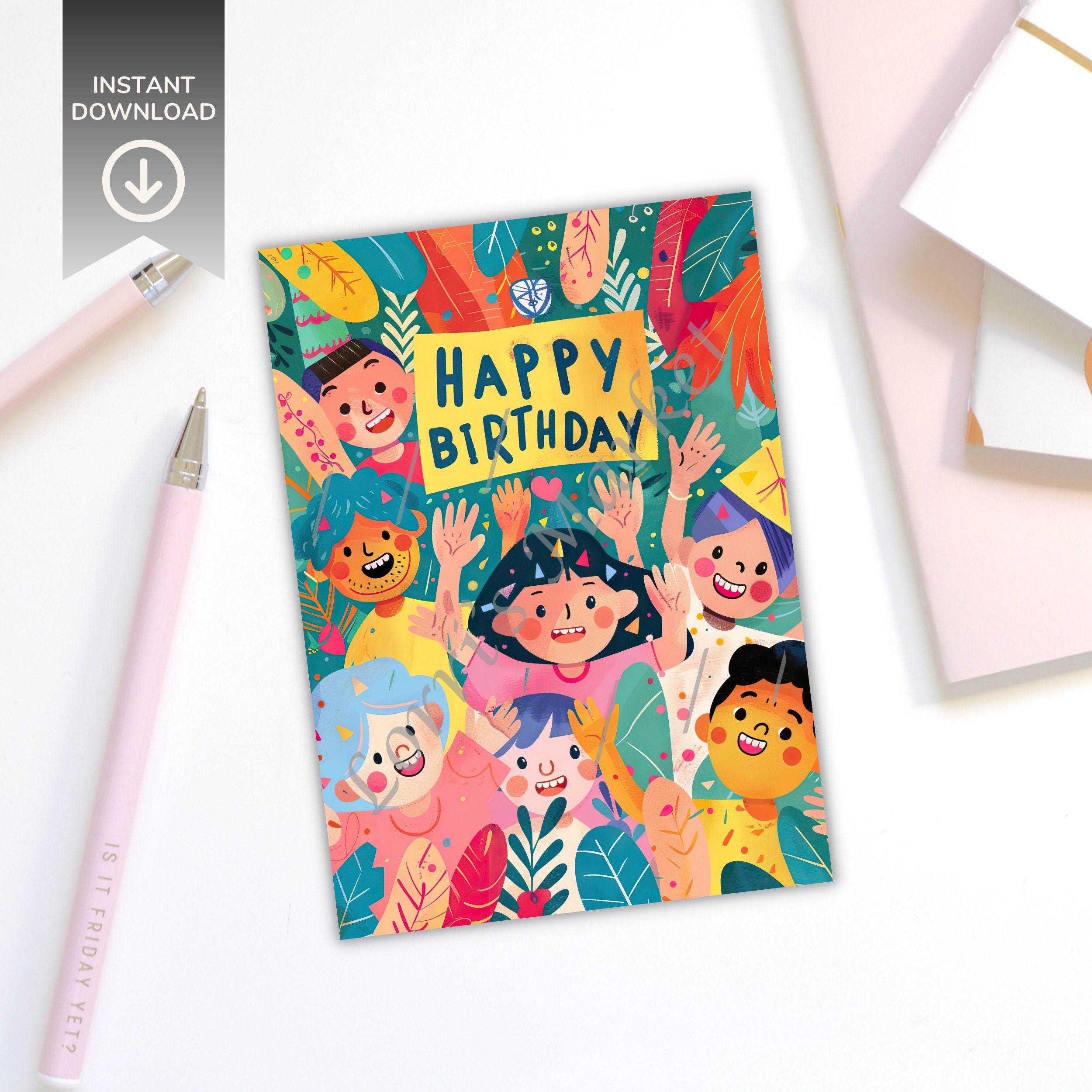 Printable Kids Birthday Card Digital Download: Festive Greeting Card ...