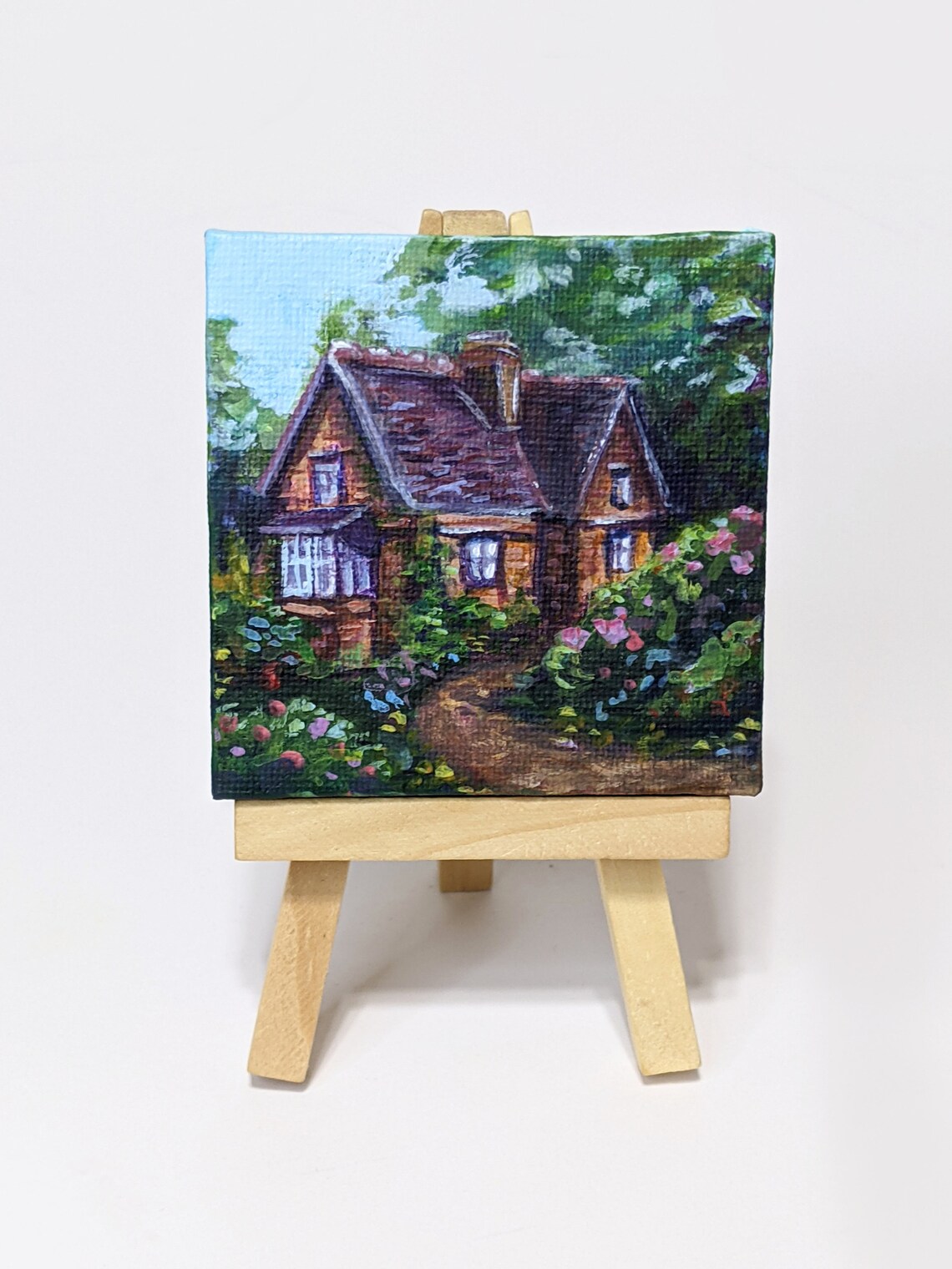 Cottage - Original Mini Canvas Painting With Display Easel - Etsy