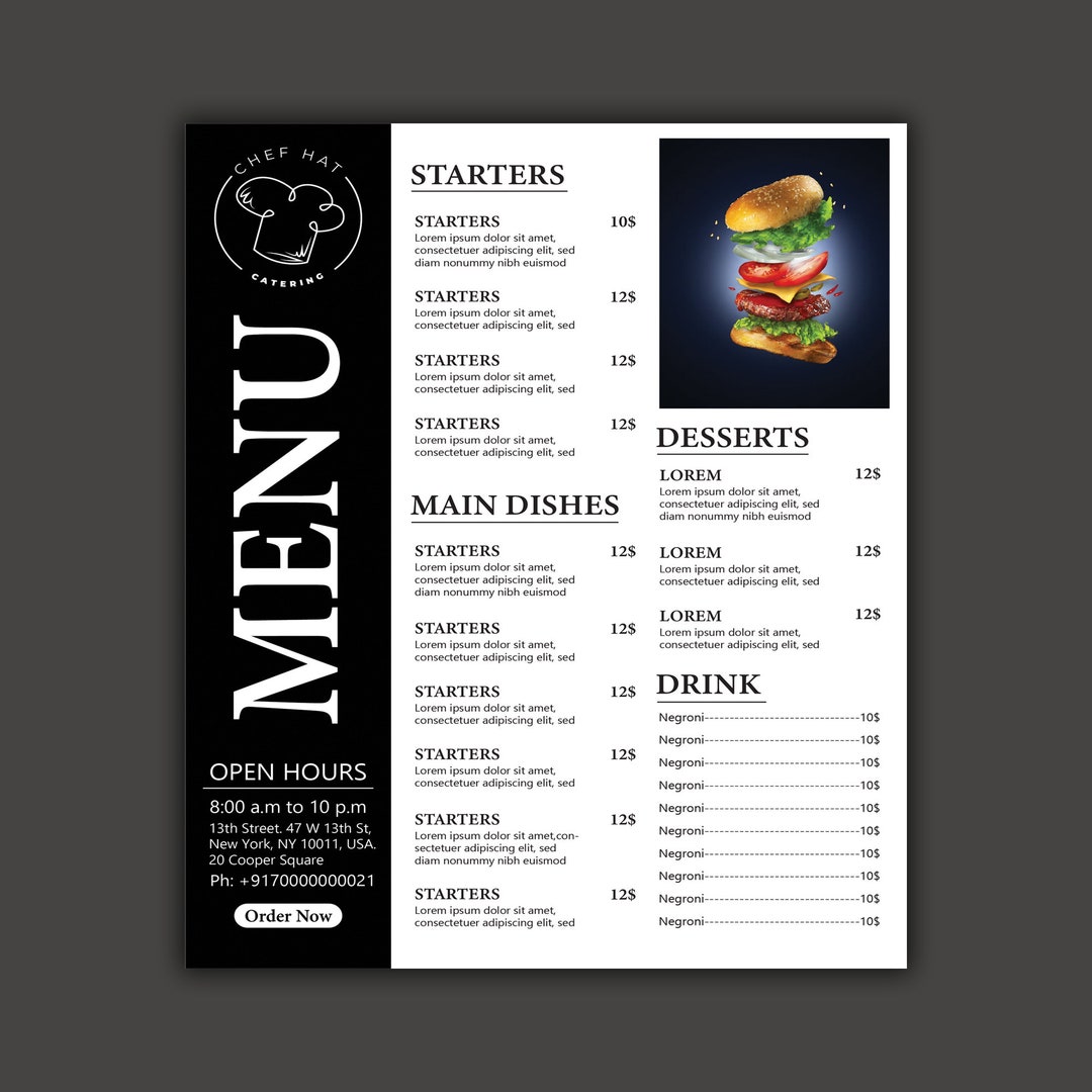 Editable Food Menu Template Design Restaurant Menu Template - Etsy UK