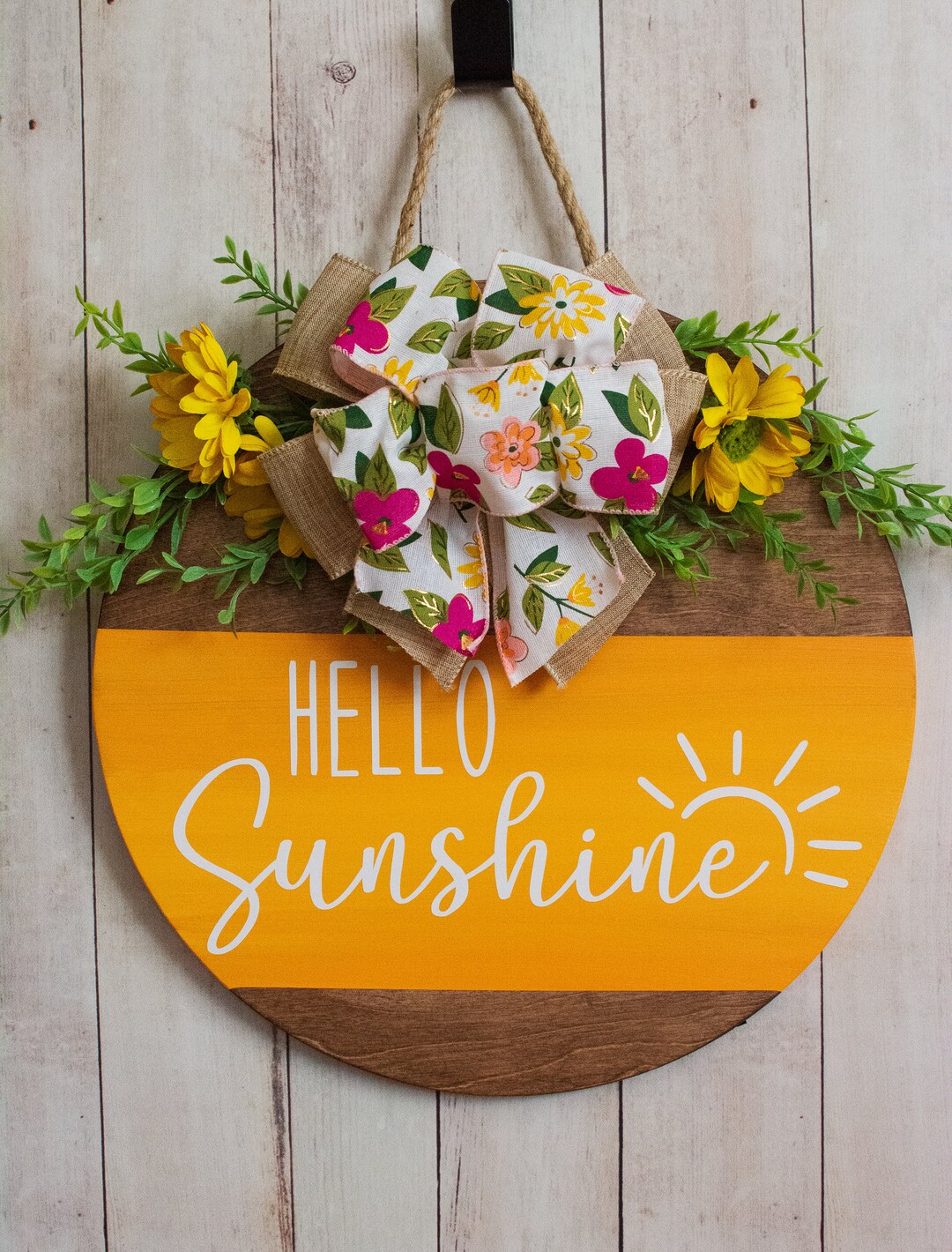 Hello Sunshine Wood Round Door Hanger: Floral Bow Welcome Sign - Etsy
