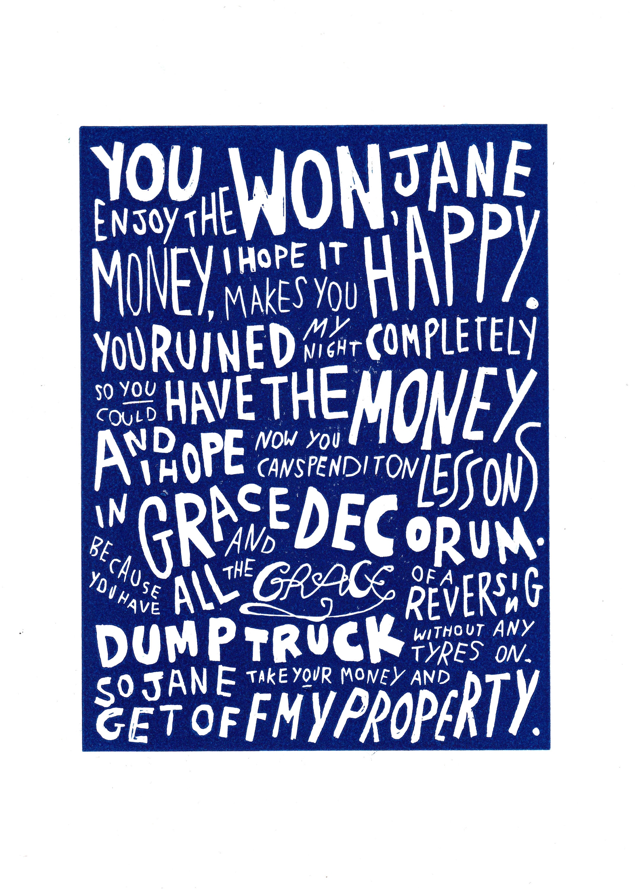You Won, Jane Come Dine With Me Lino Print Designed & Sold By Gefferson ...