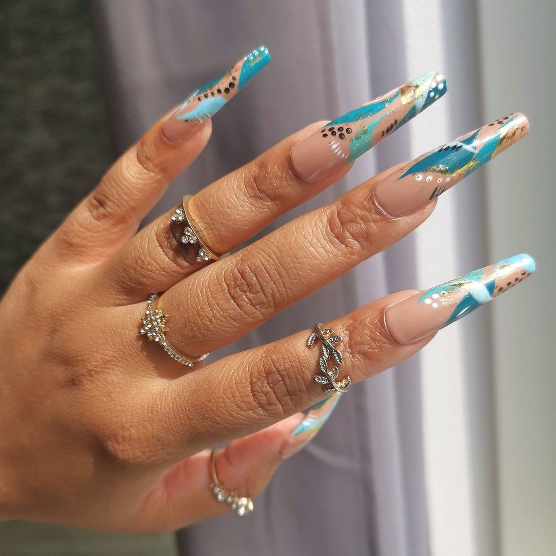 She's Feisty 90s inspired Blue Gold Freestyle Nail Art | Etsy