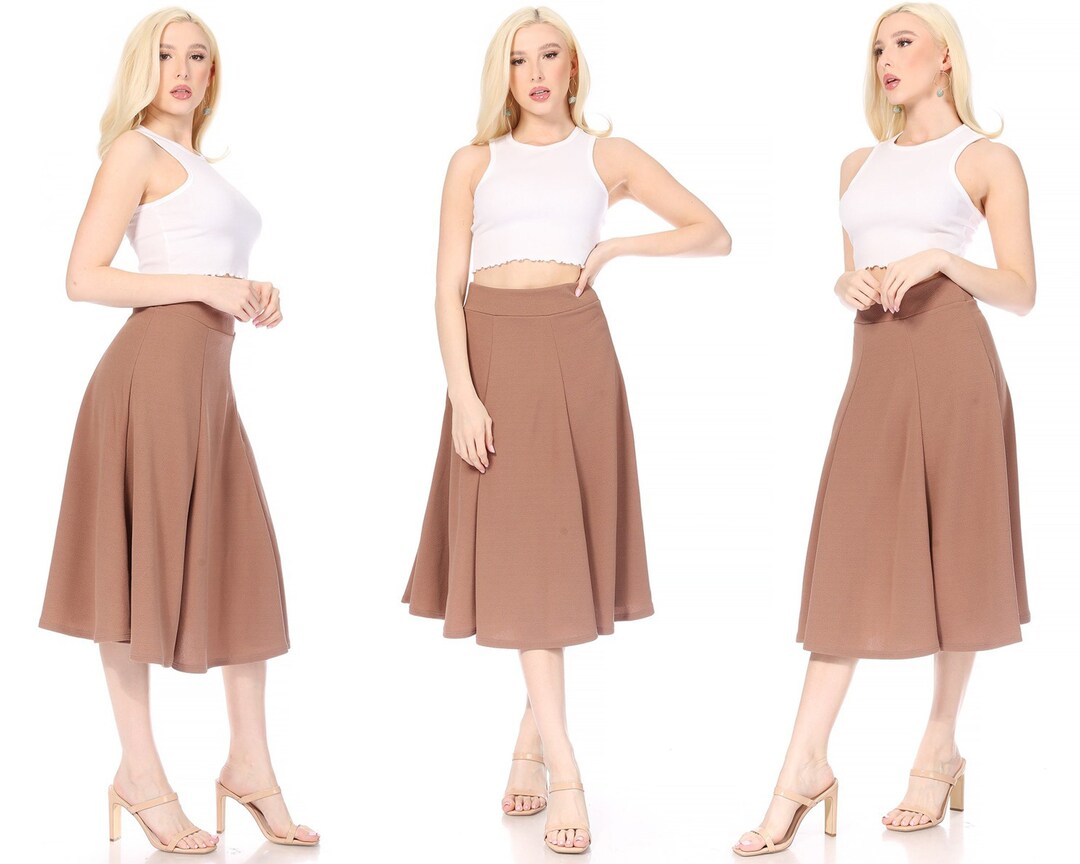 Classic Solid Flared Lightweight Elastic High Waist Long Midi A-line ...