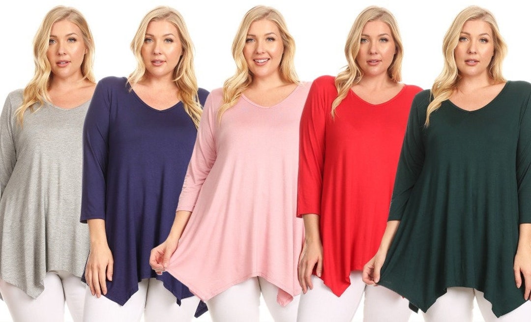 Plus Size Knit Tunic Tops Asymmetrical 3/4 Sleeve V-neck Flowy Blouse ...