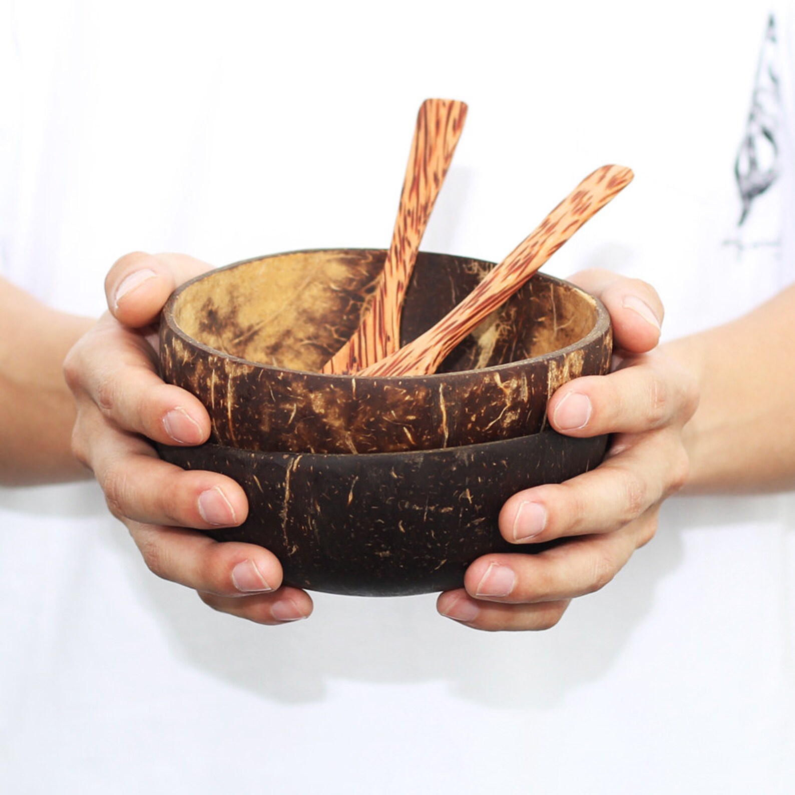 2 X Natural Coconut Bowls & Spoons Set - Handmade Organic Coconut ...