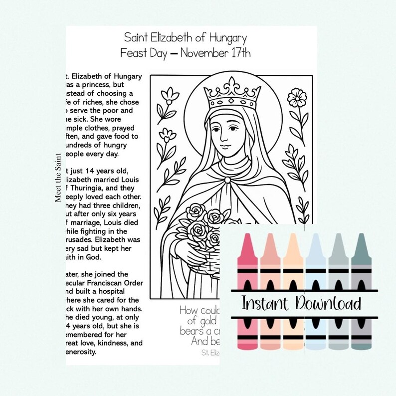 St. Elizabeth of Hungary Coloring Page: Catholic Saint Printable ...