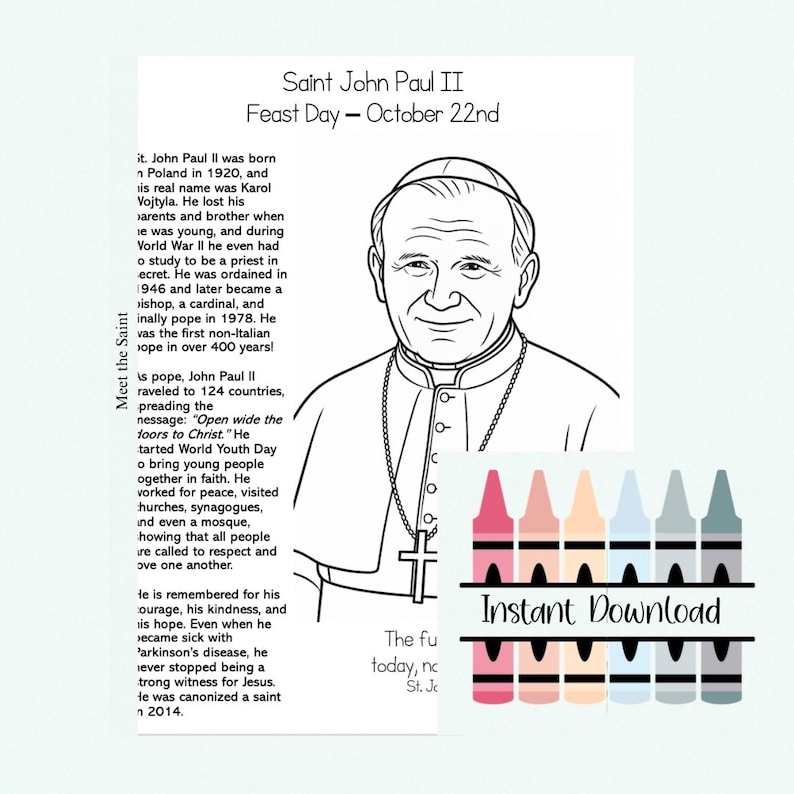 St. John Paul II Coloring Page: Catholic Saint Activity (digital ...