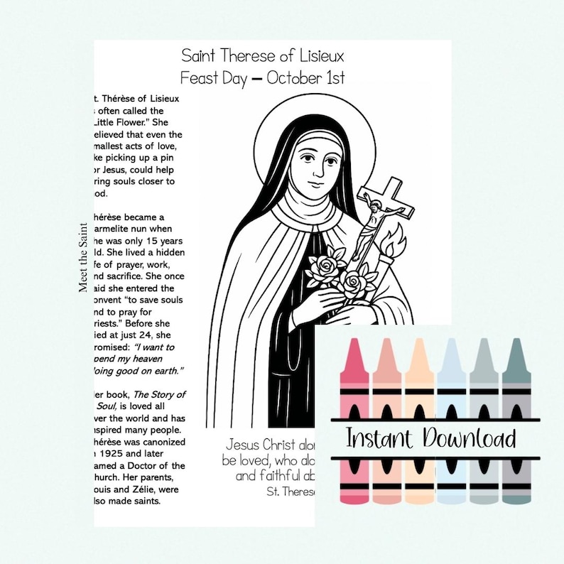 St. Thérèse of Lisieux Coloring Page: Catholic Saint Activity (digital ...