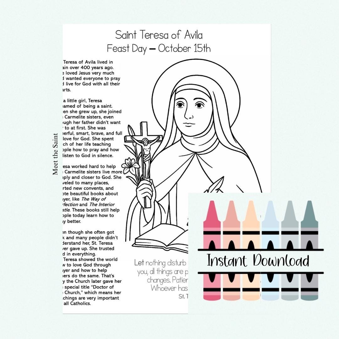 St. Teresa of Avila Coloring Page: Catholic Saint Activity (digital ...