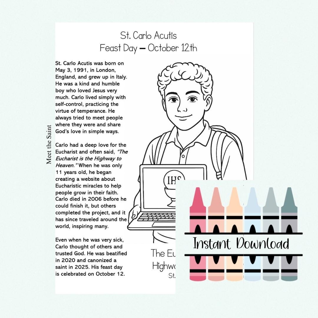 St. Carlo Acutis Coloring Page | Digital Download | Catholic Saint ...