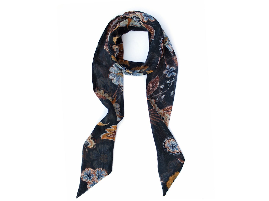 Skinny Neck Scarf of Floral Chiffon Lame. Short Hair Scarf. Retro ...