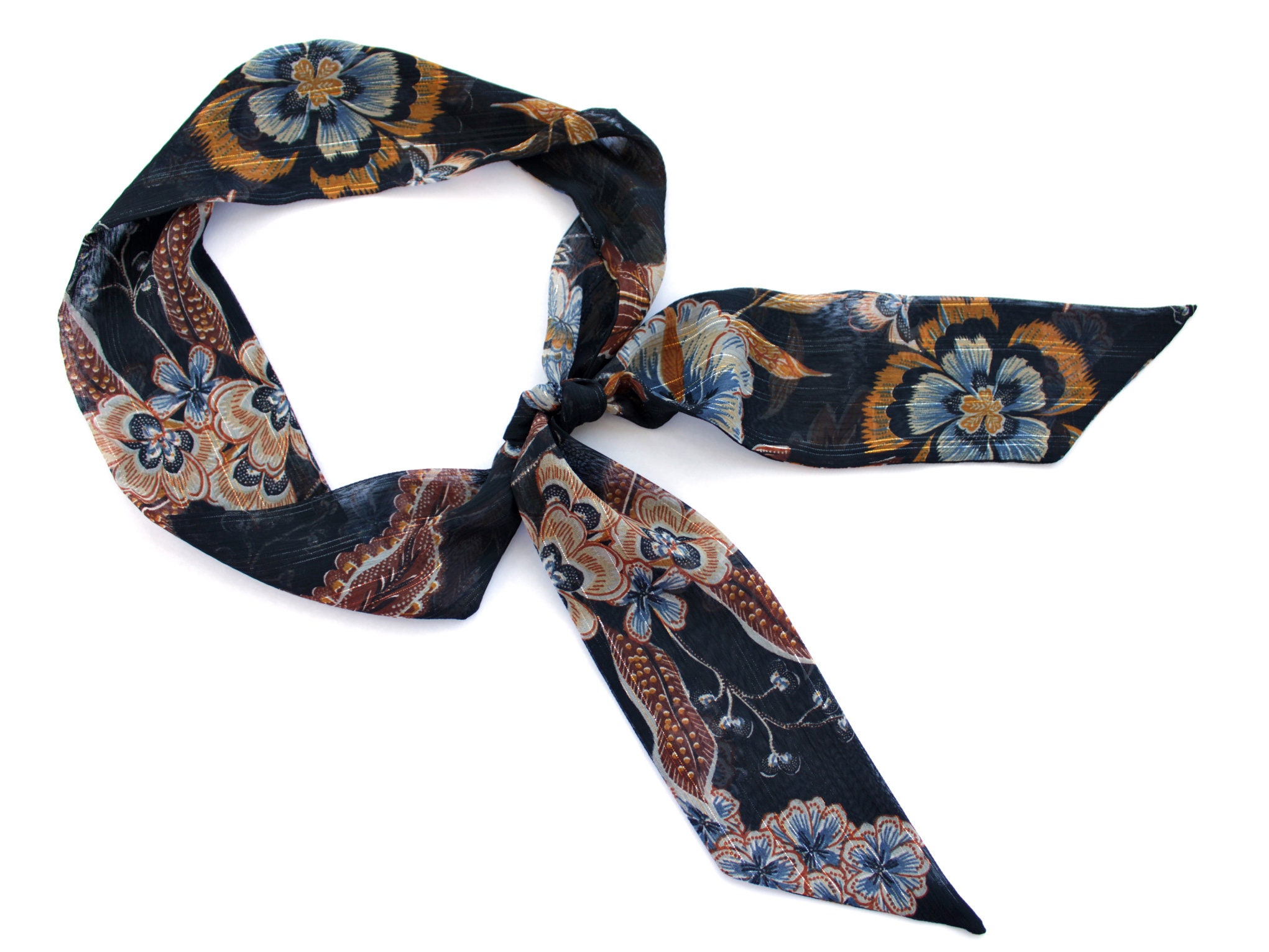 Skinny Neck Scarf of Floral Chiffon Lame. Short Hair Scarf. Retro ...