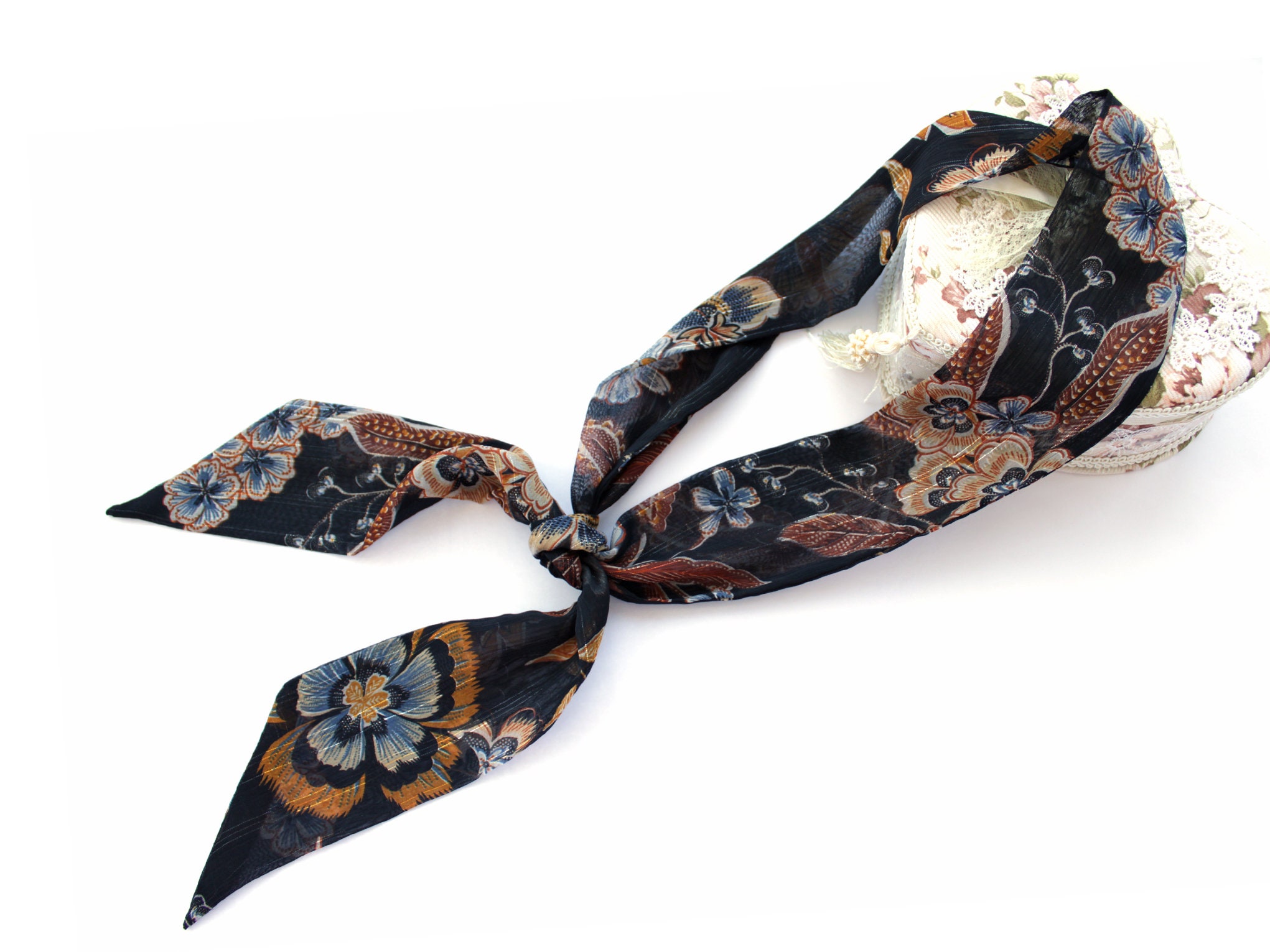 Skinny Neck Scarf of Floral Chiffon Lame. Short Hair Scarf. Retro ...