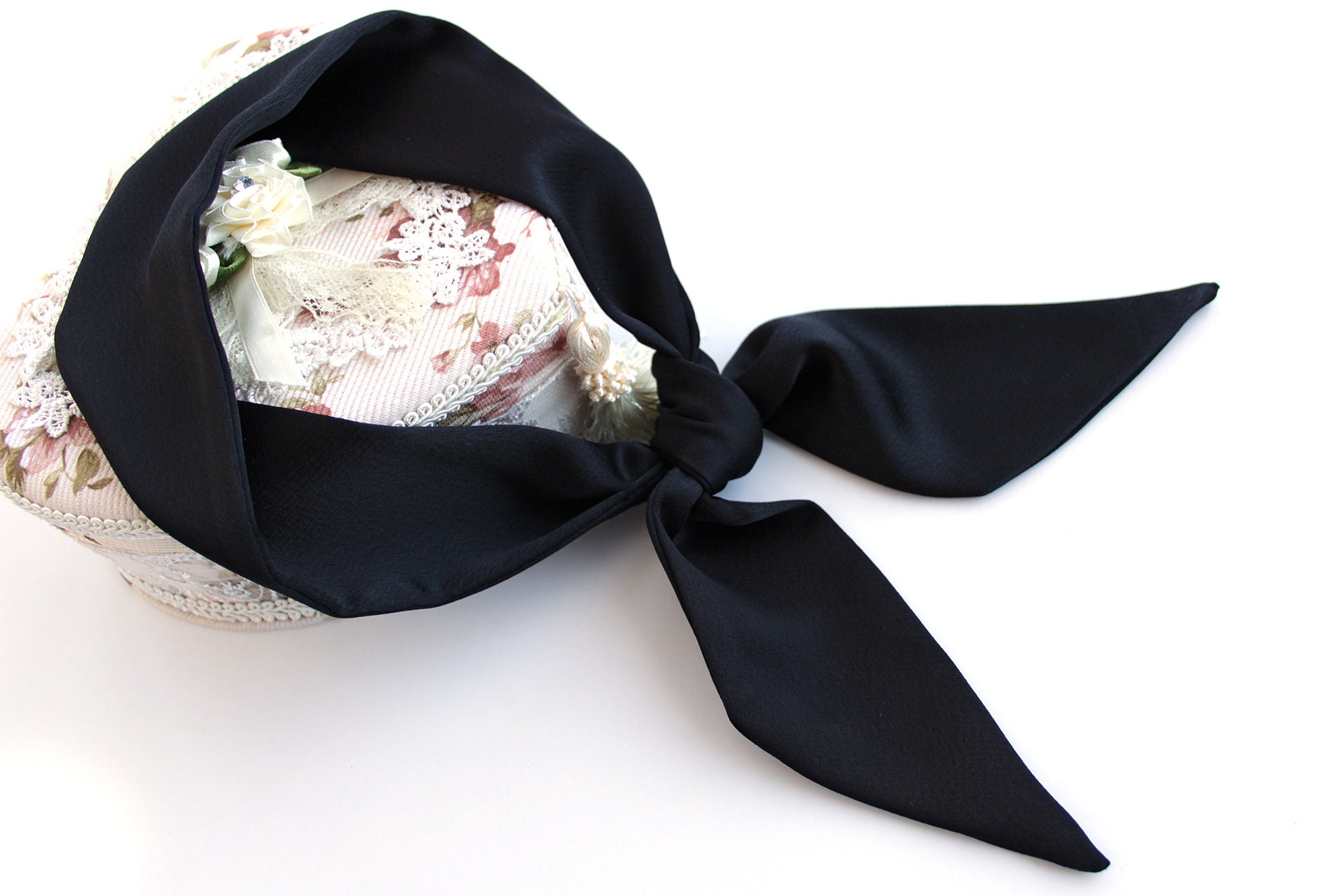 Black Satin Short Hair Scarf, Small Skinny Neck Scarves, Head Tie ...