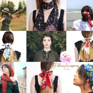 Black Satin Short Hair Scarf, Small Skinny Neck Scarves, Head Tie ...
