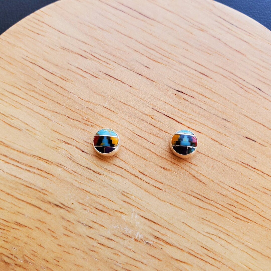 5mm Colorful Inlay Stud Earrings | Multicolor Post Earring | Sterling ...