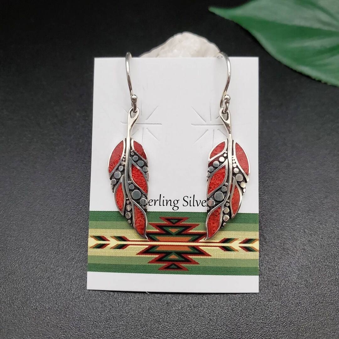AS#27 | Dainty Red Coral Inlay Leaf Earrings | Sterling Silver Coral ...