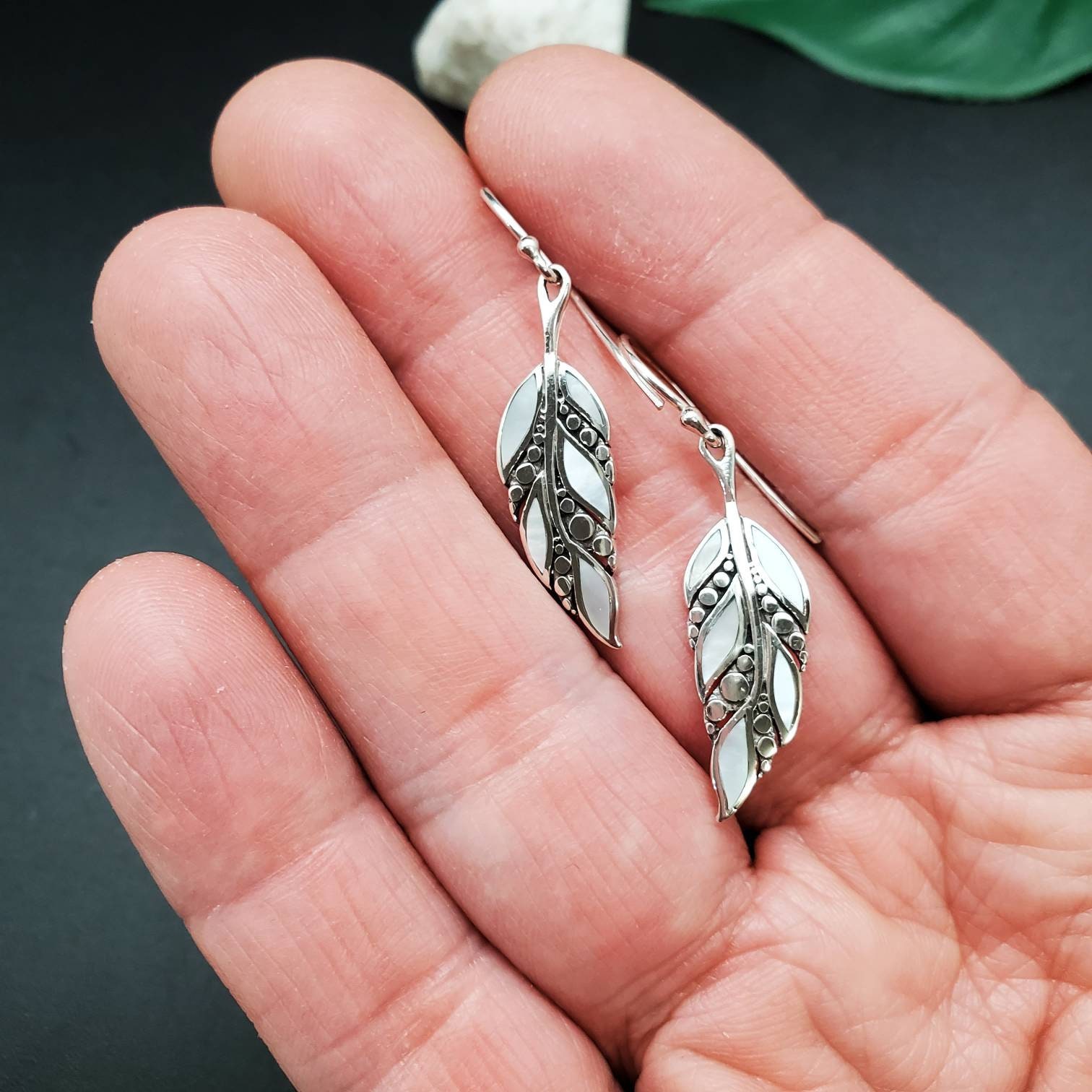 As28 Big White Mother Of Pearl Leaf Inlay Earrings White Etsy