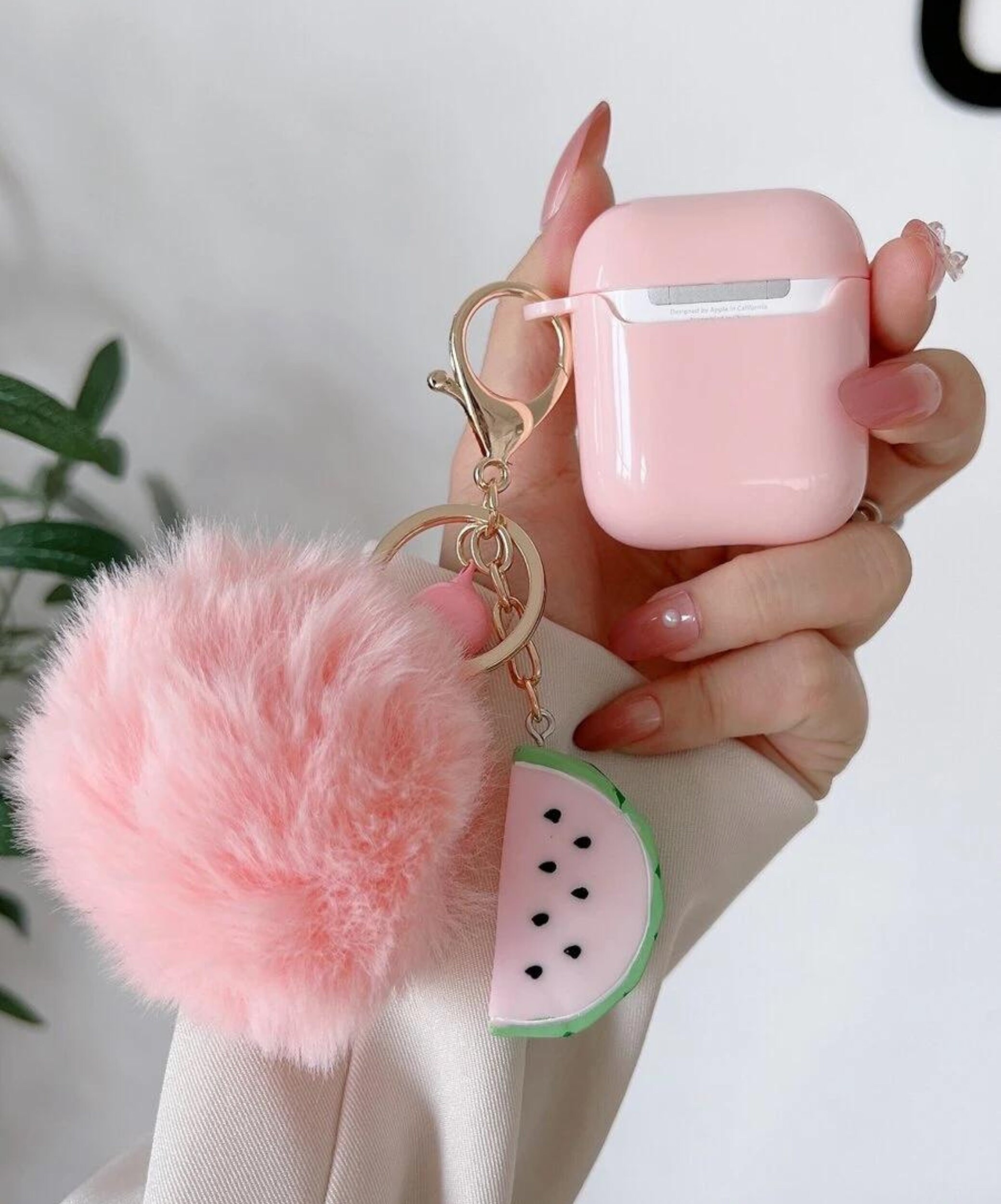 Cute Watermelon Pink Fluffy Pompom AirPod Case for 1st/2nd Generation ...