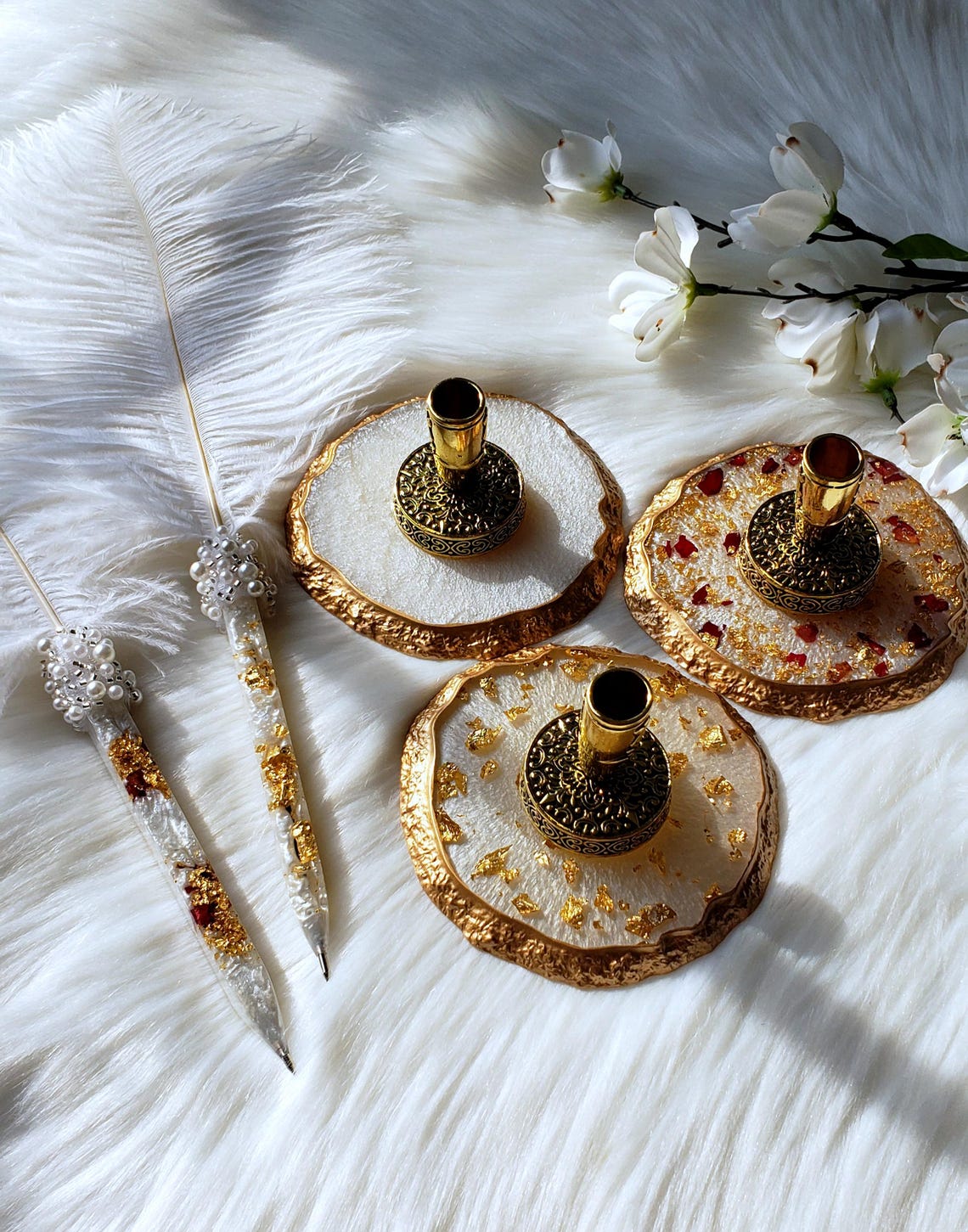 Nikkah Pen & Stand Set, Ostrich Feather Pen, Resin Wedding Signing Pen ...