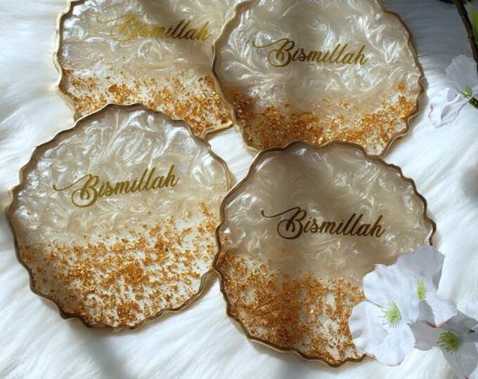 Islamic Resin Coasters in White and Gold, Bismillah Coasters, Islamic ...